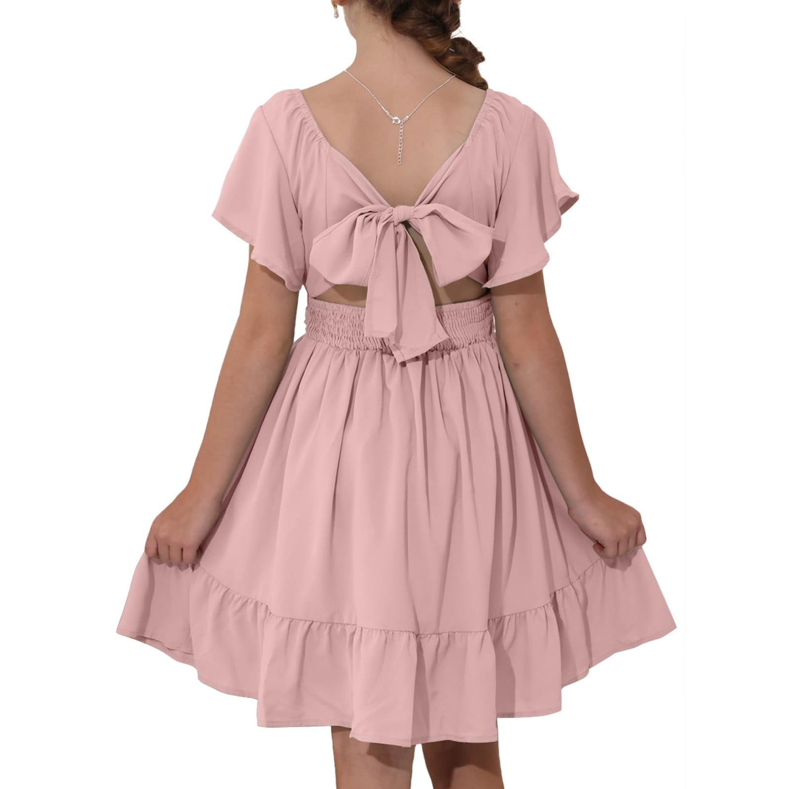 Mlqidk Tween Girls Dresses Summer 2025 Bow Tie Back Ruffle Sleeve Dress ...