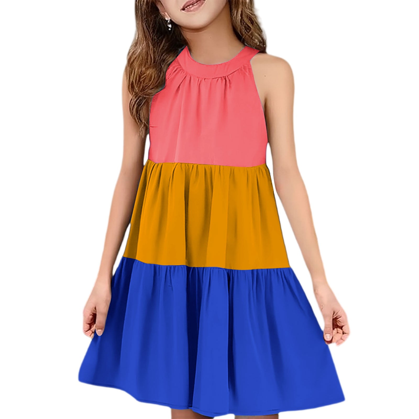 Mlqidk Tween Girls Dresses Summer 2025 Color Block Sleeveless Sundress ...
