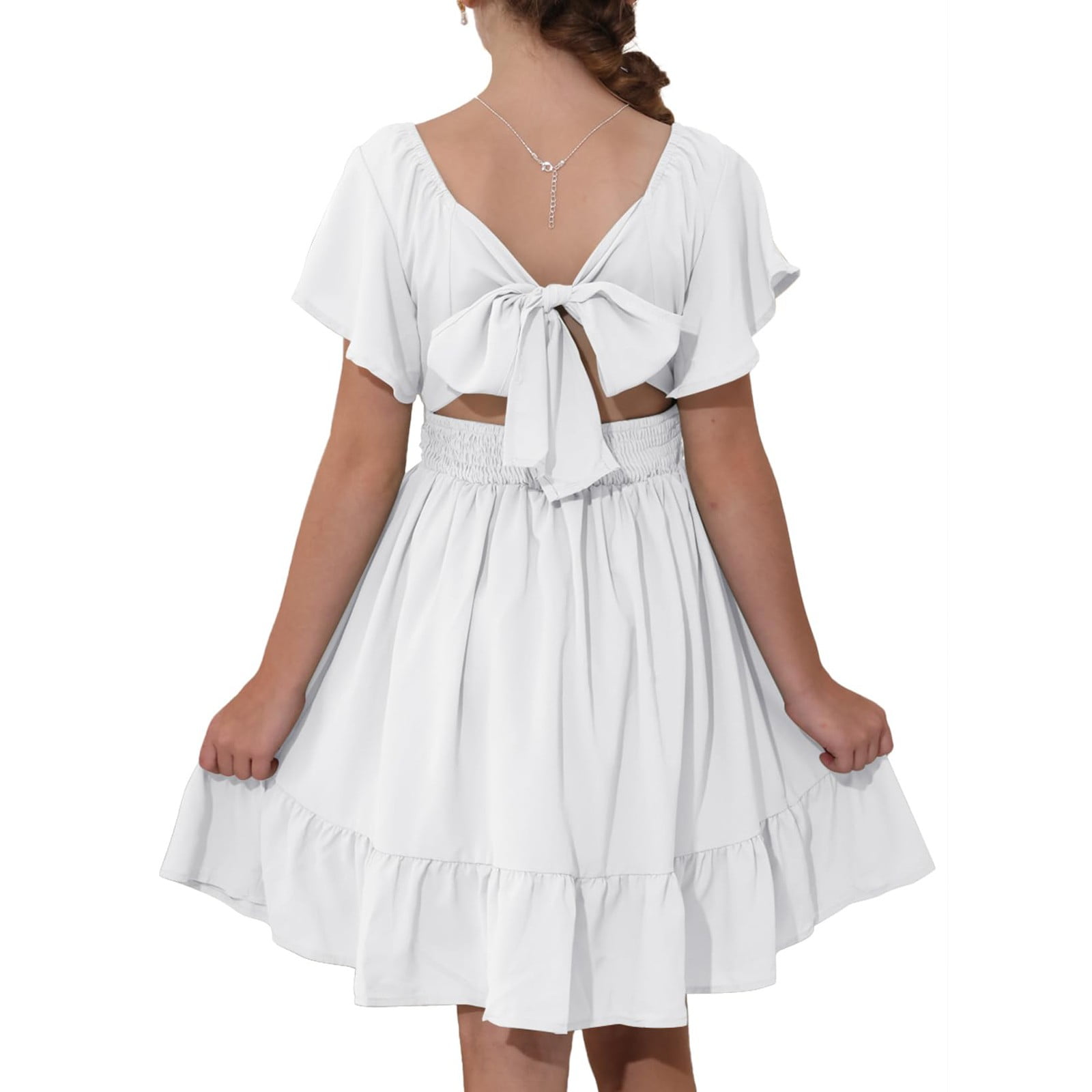 Mlqidk Tween Girls Dresses Summer 2025 Ruffle Short Sleeve Bow Tie Back ...