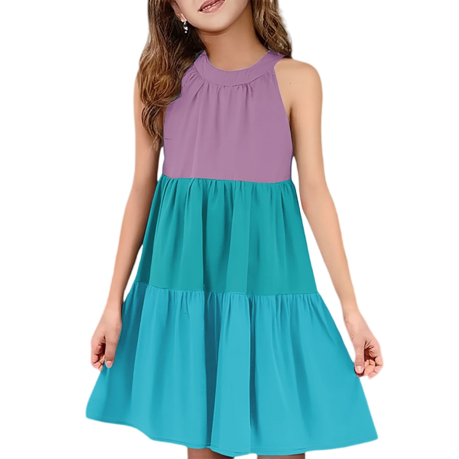 Mlqidk Tween Girls Dresses Summer 2025 Sleeveless Color Block Dress ...