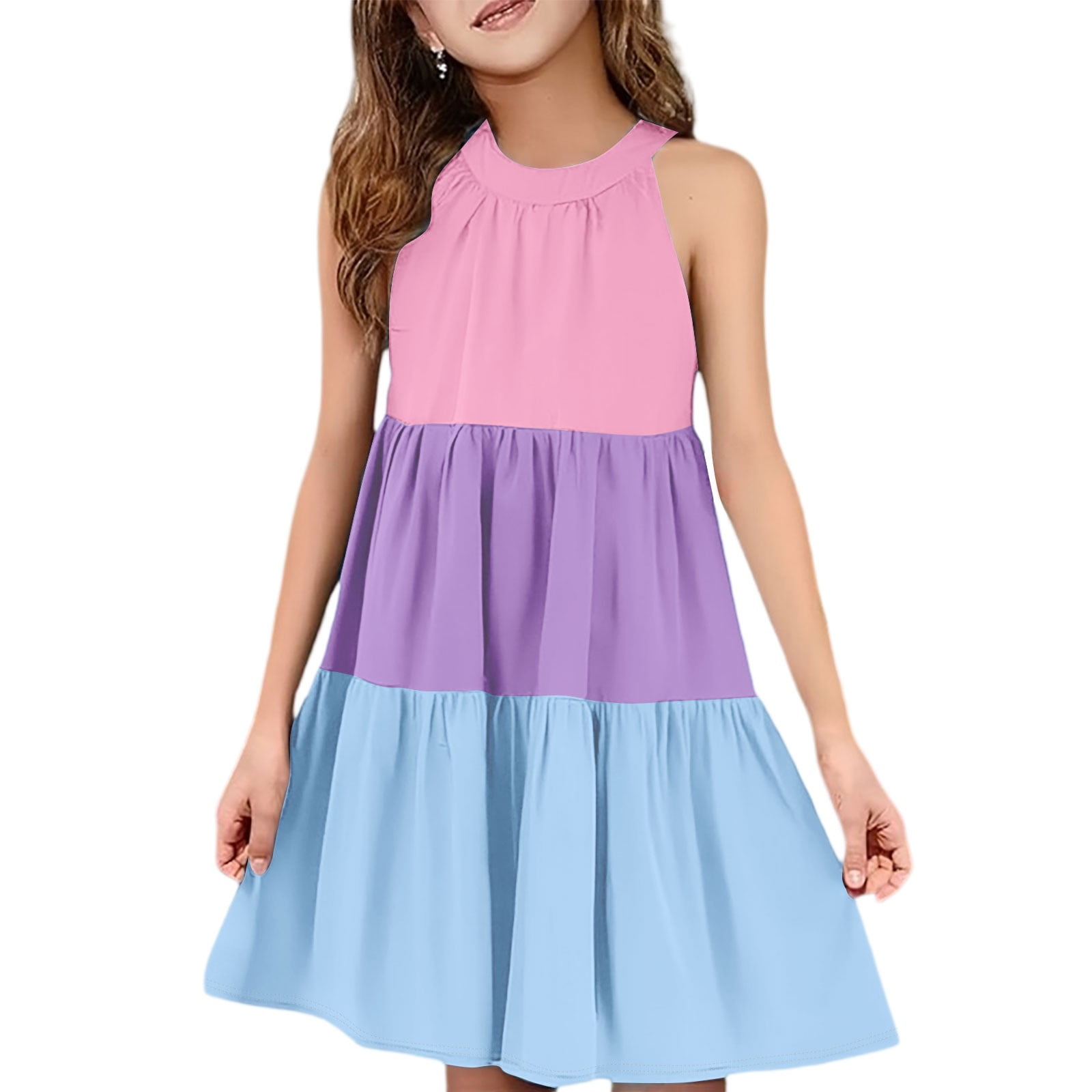 Mlqidk Tween Girls Dresses Summer 2025 Sleeveless Color Block Halter ...