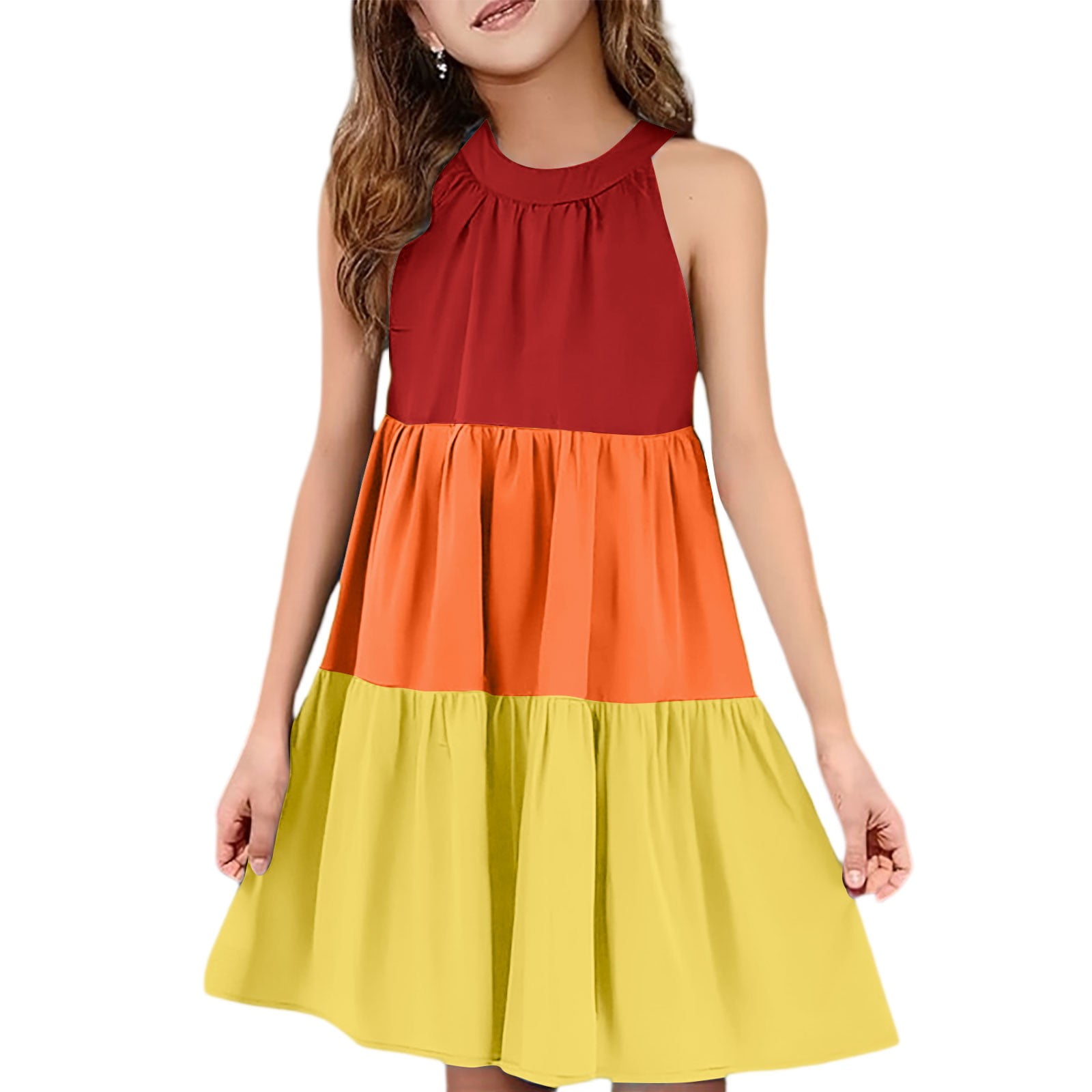 Mlqidk Tween Girls Dresses Summer 2025 Sleeveless Color Block Halter ...