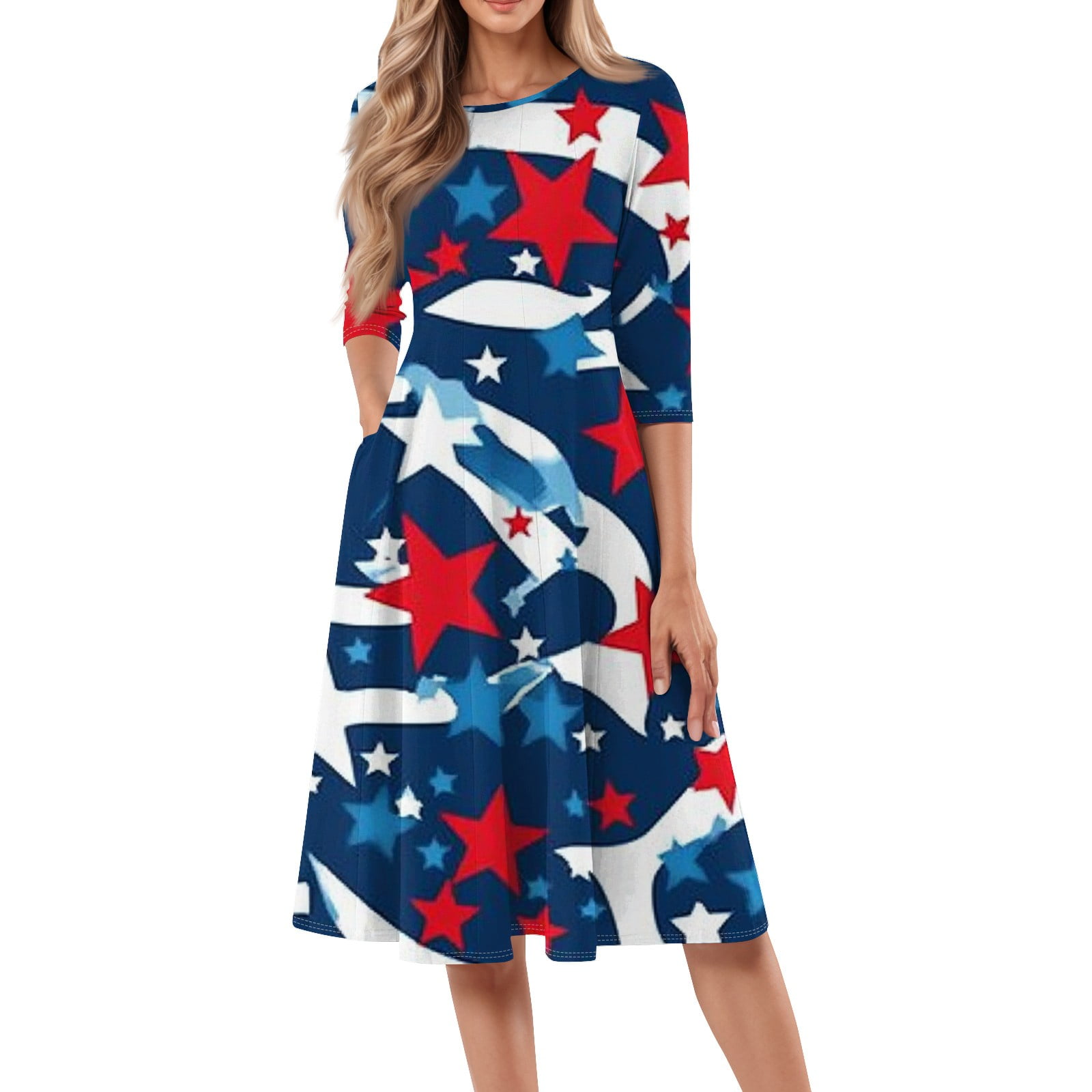 Mlqidk USA 3/4 Length Sleeve Sundress for Women 2025 Patriotic Maxi ...