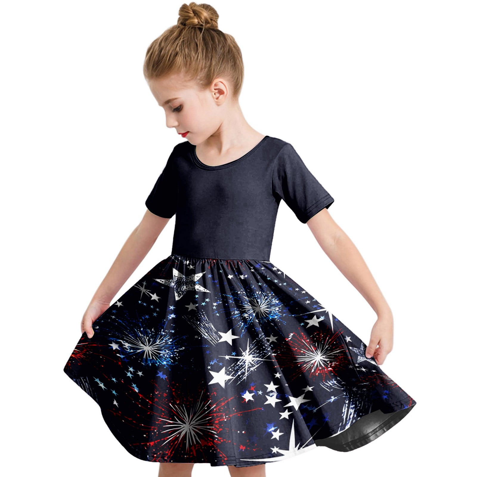 Mlqidk USA Dresses for Girl Size Short Sleeve Crew Neck a Line T-shirt ...