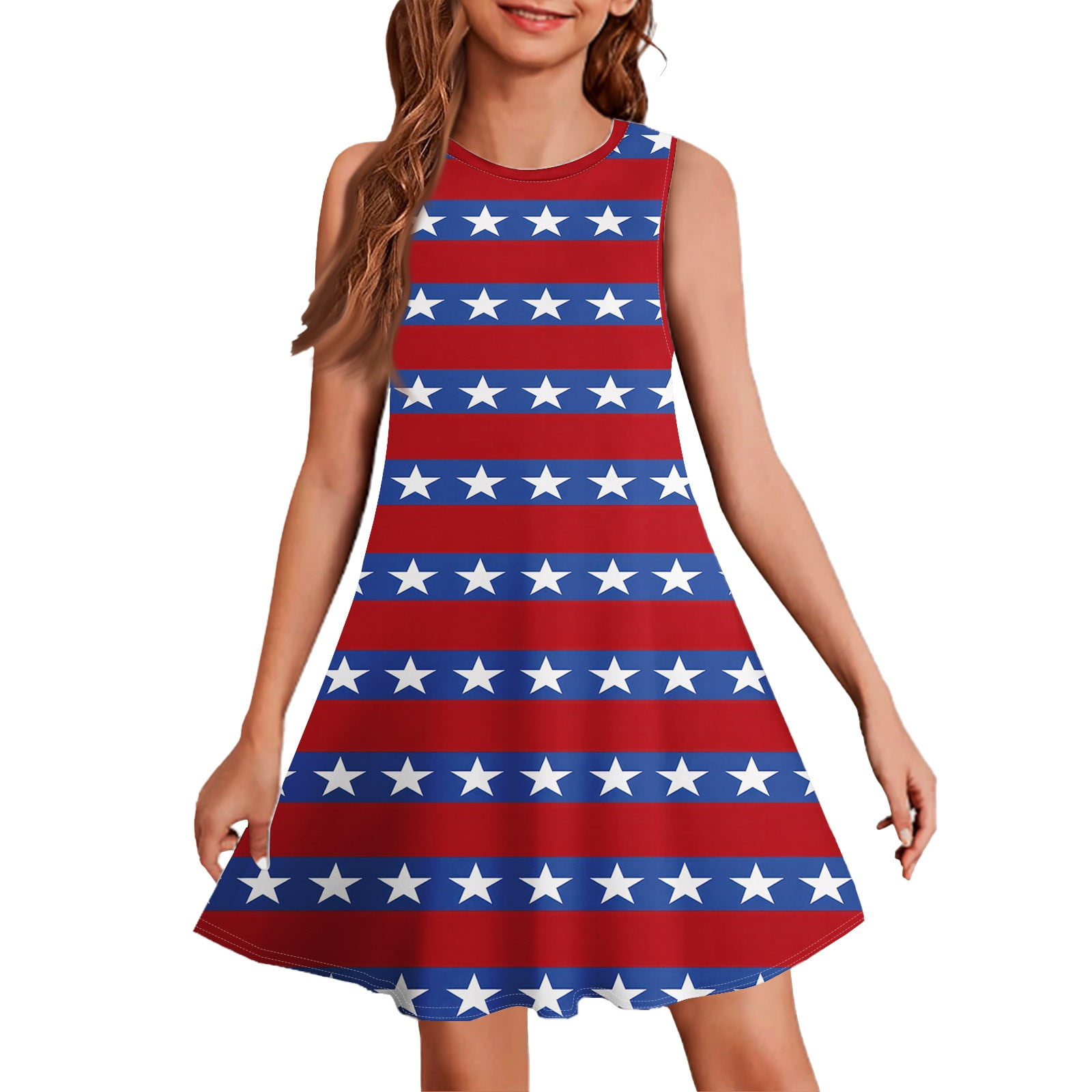 Mlqidk USA Dresses for Girl Size Sleeveless Crew Neck a Line Midi Dress ...