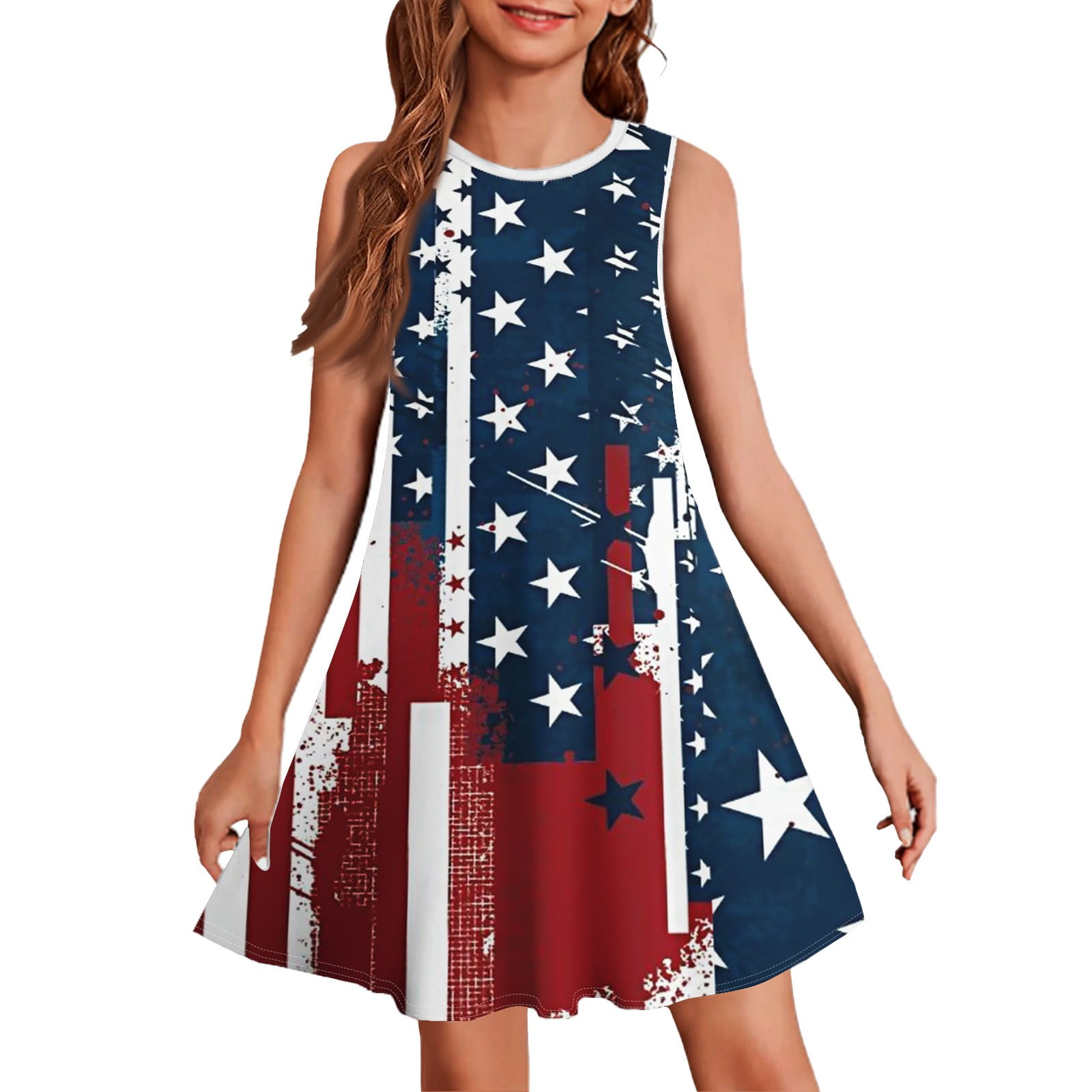 Mlqidk USA Dresses for Girl Size Sleeveless Crew Neck a Line Midi Dress ...