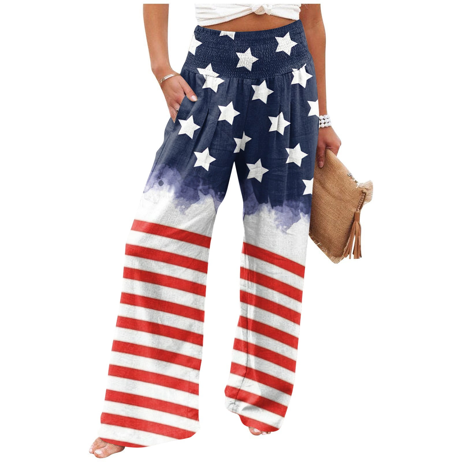 Mlqidk Usa Pants for Women High Waisted Patriotic Linen Pants Lounge ...