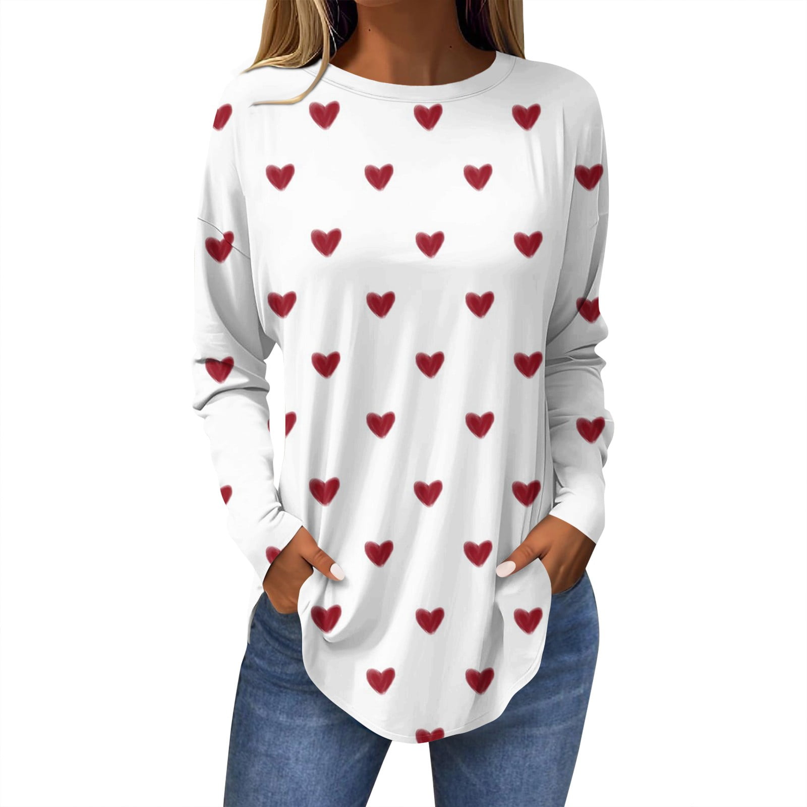 Mlqidk Valentines Shirts for Women Plus Size Love Heart Tunic Tops Teacher Crew Neck Long Sleeve ...