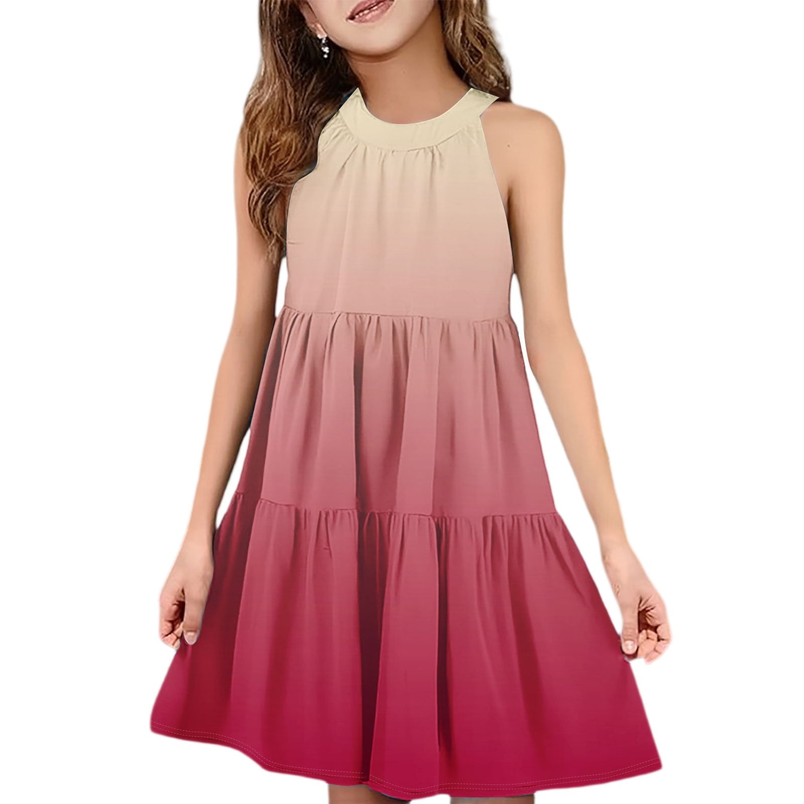 Mlqidk Vermilion Dresses for Girls Size 10-12 Crew Neck Sleeveless ...