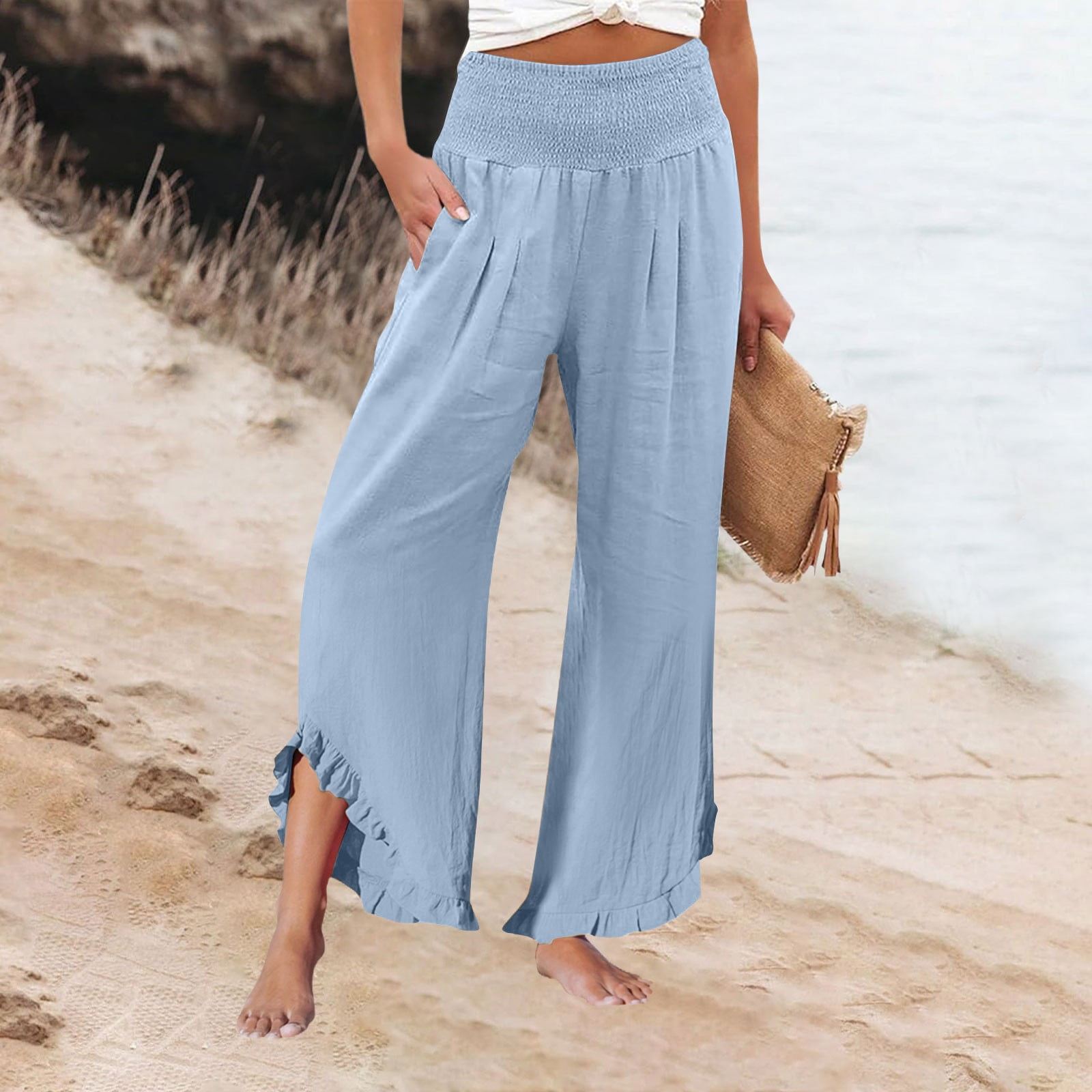 Mlqidk Women Linen Capri Pants Summer Wide Leg High Elastic Waist ...