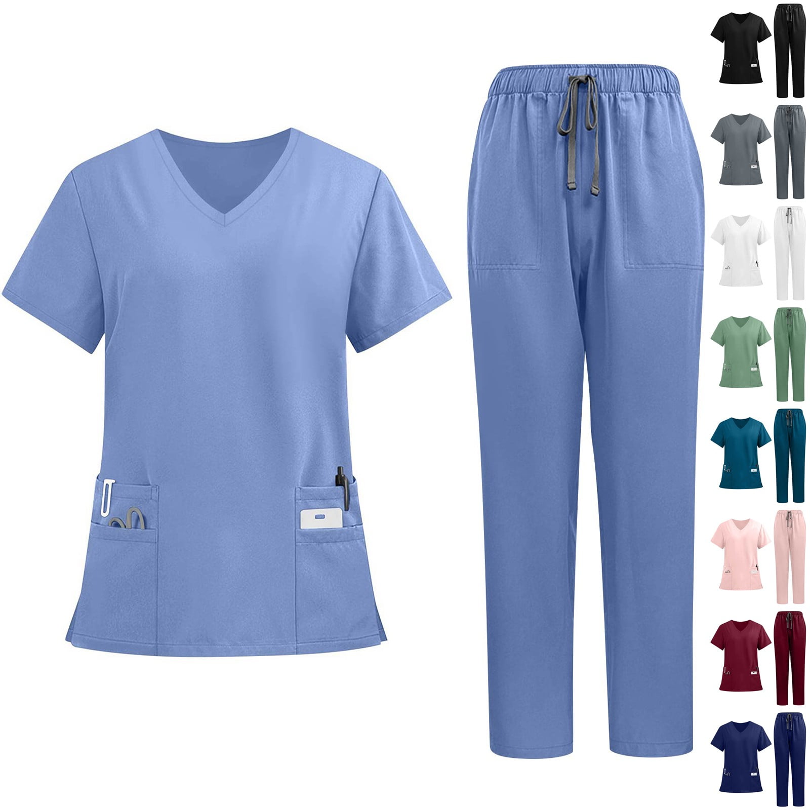 Mlqidk Women Scrubs Sets Plus Size Medical Scrubs Petite V Neck Scrub ...
