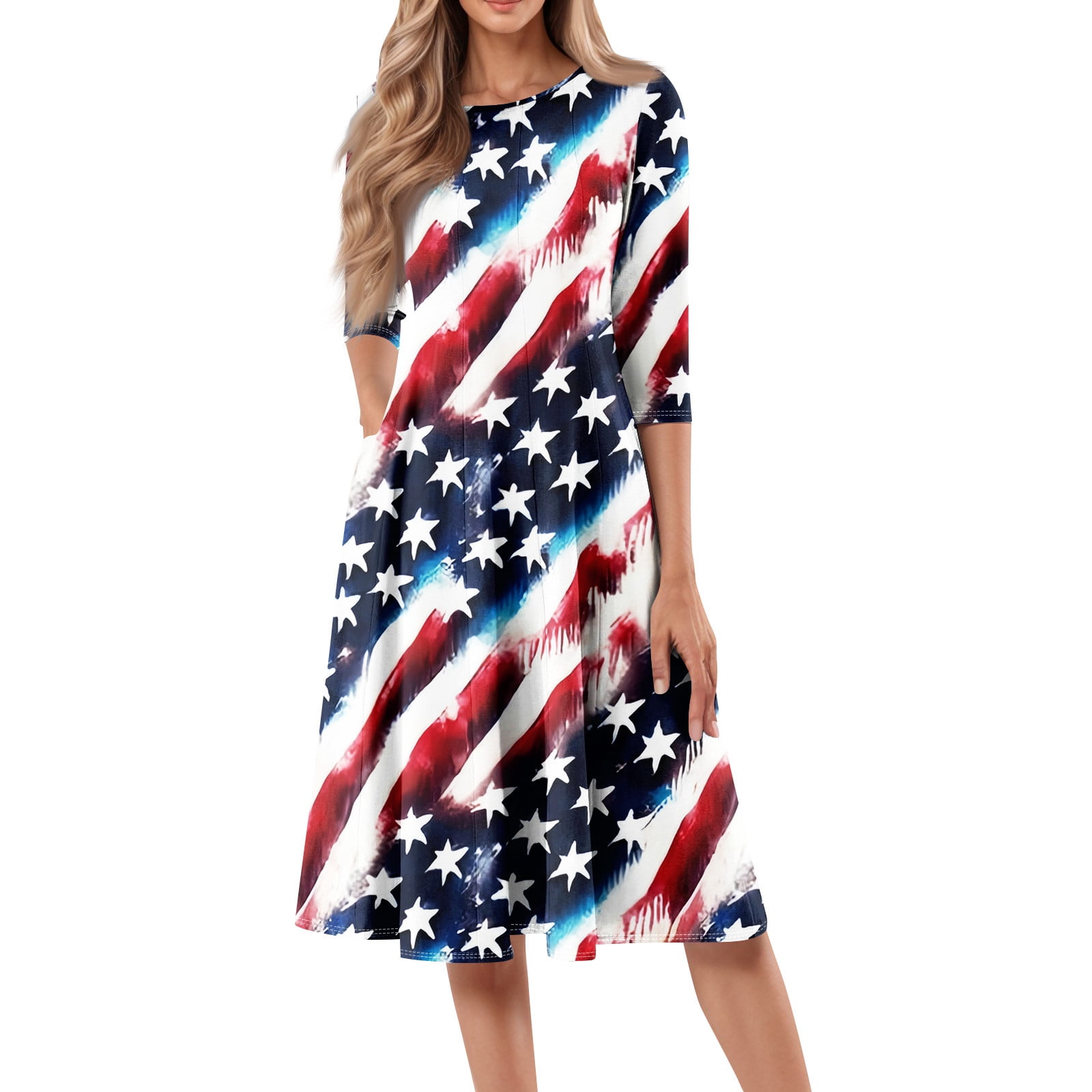 Mlqidk Women's American Flag 3/4 Length Sleeve Dress Patriotic Maxi ...