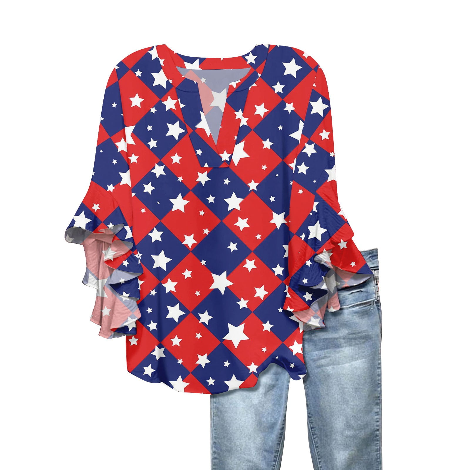 Mlqidk Women's American Flag T-Shirt Patriotic Ruffle Sleeves Loose Fit ...