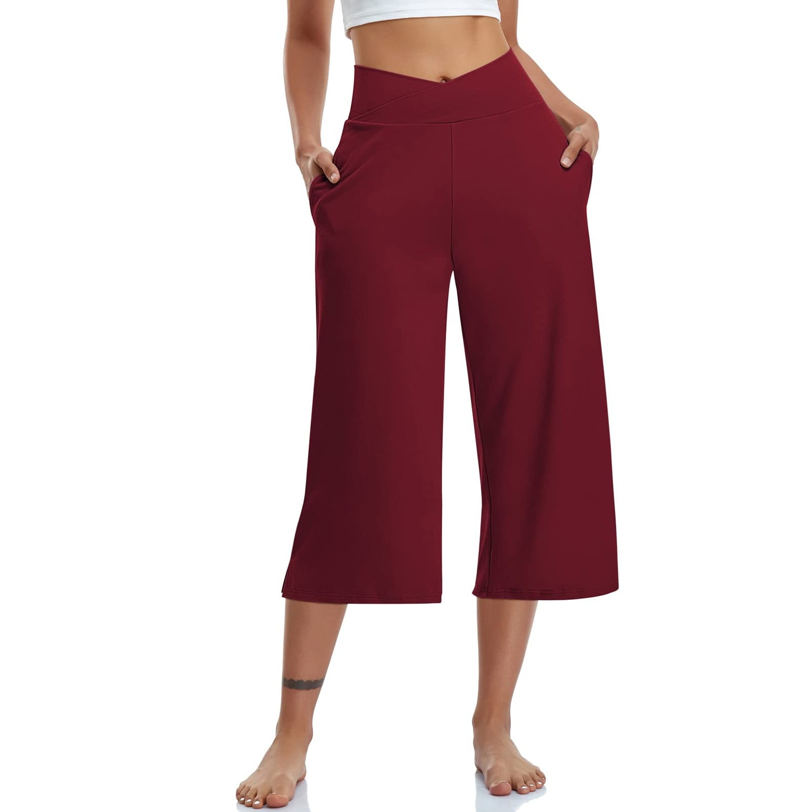 Mlqidk Women's Capri Yoga Pants High Waisted Office Work Capri Pants with Pockets Casual Tummy ...