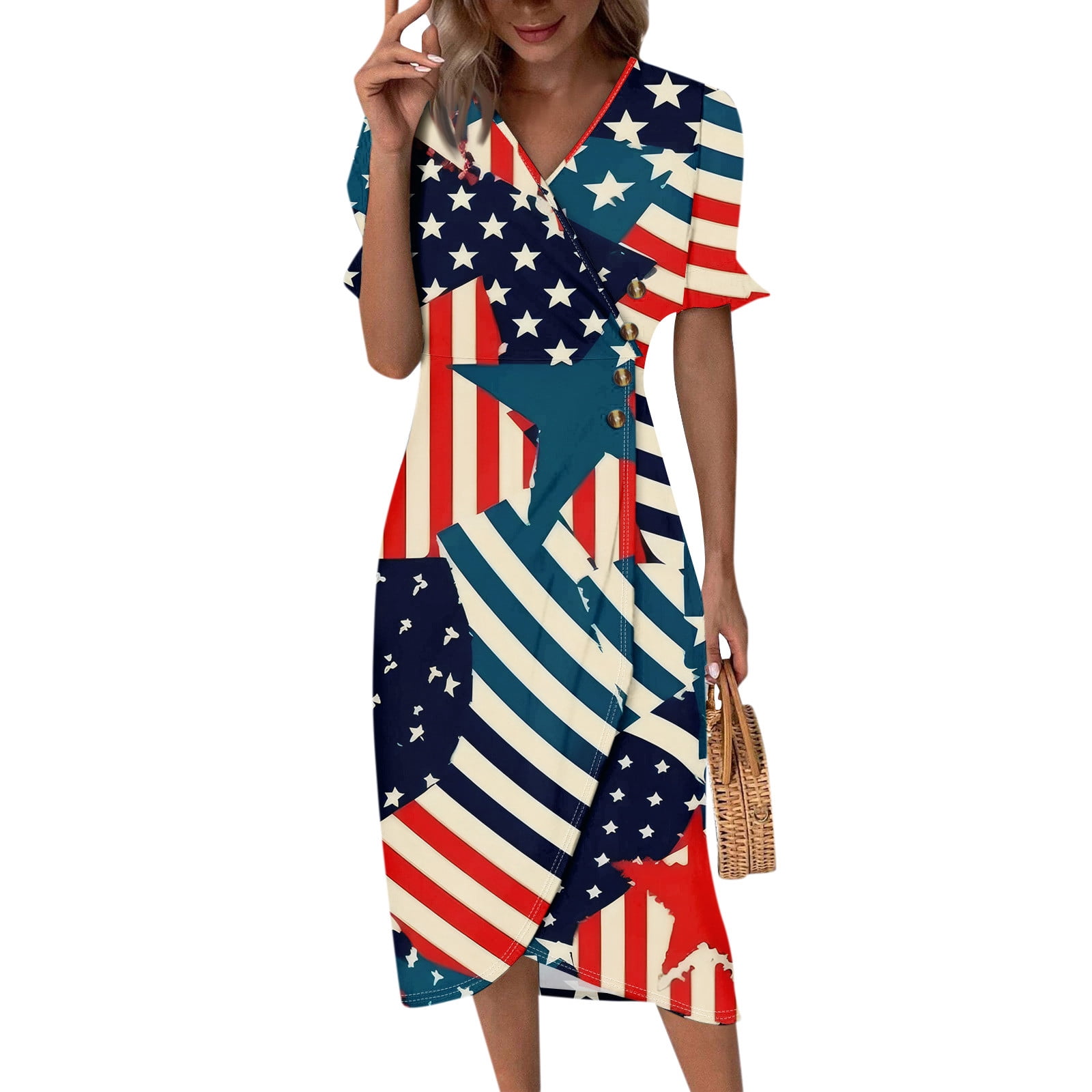 Mlqidk Womens American Flag Dresses Patriotic Wedding Guest Dress Plus ...