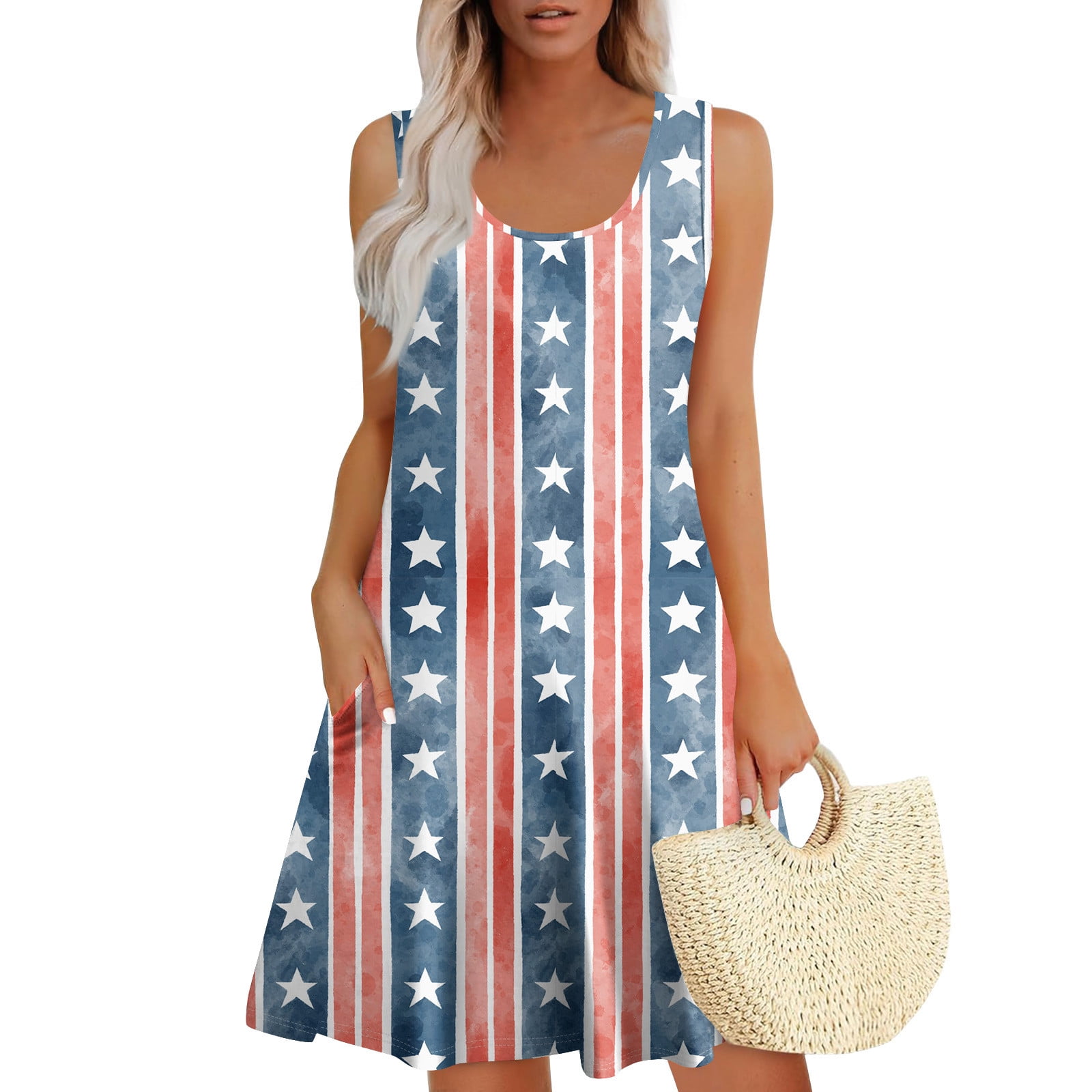 Mlqidk Womens American Flag Dresses Plus Size Patriotic Beach Dresses ...