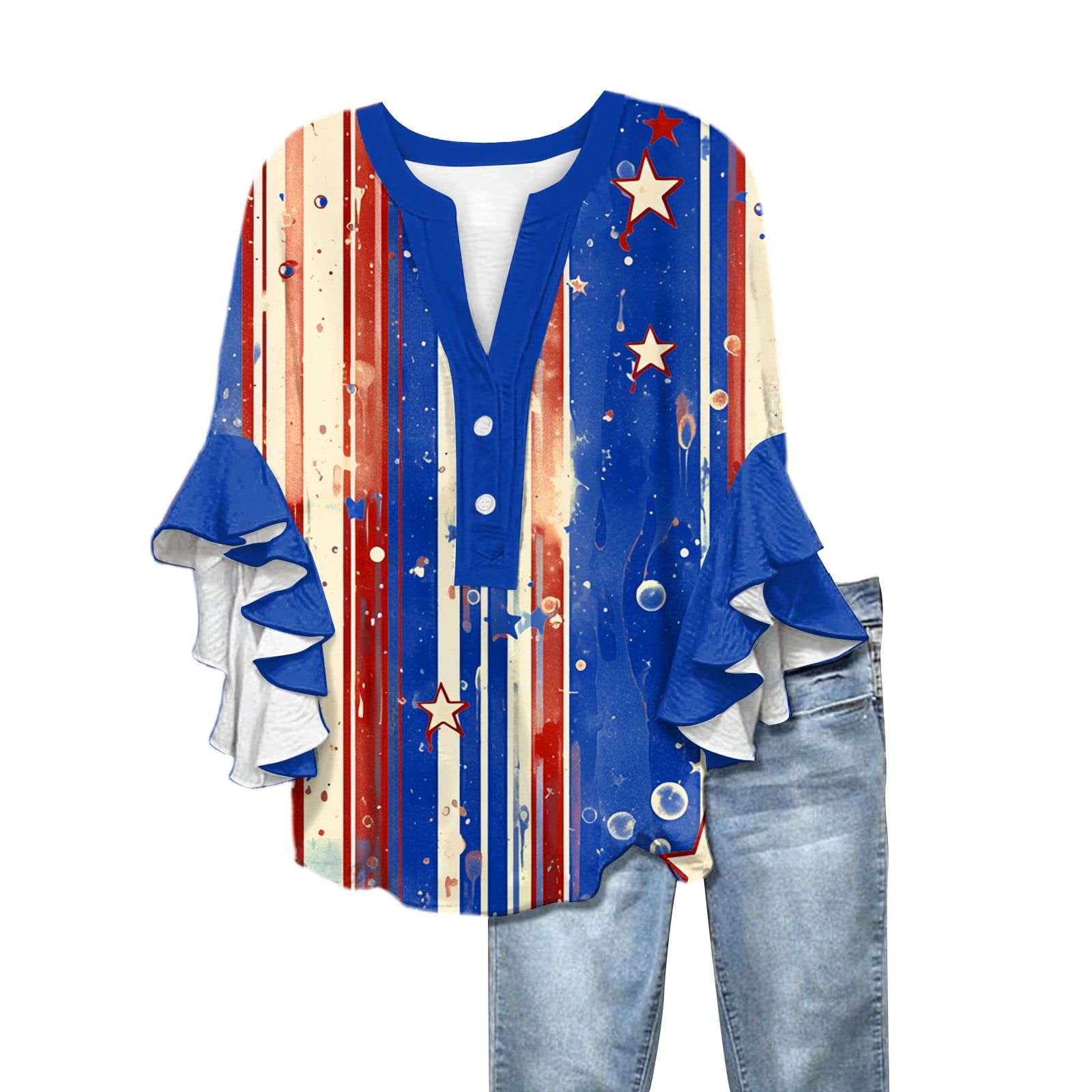 Mlqidk Womens American Flag T-Shirt Patriotic Ruffle Sleeve Loose Fit T ...