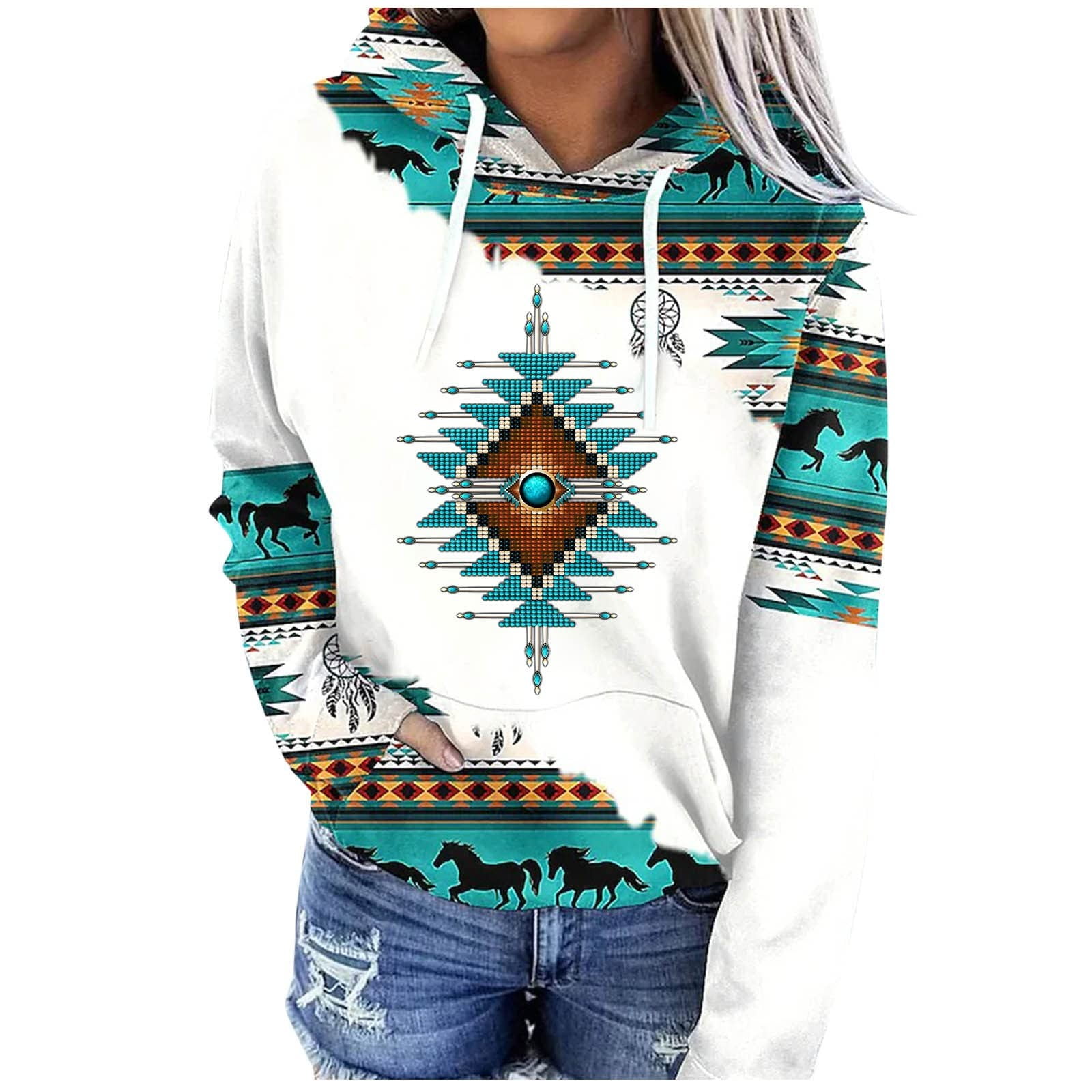Mlqidk Womens Aztec Hoodies Drawstring Hooded Oversized Sweatshirt Fall