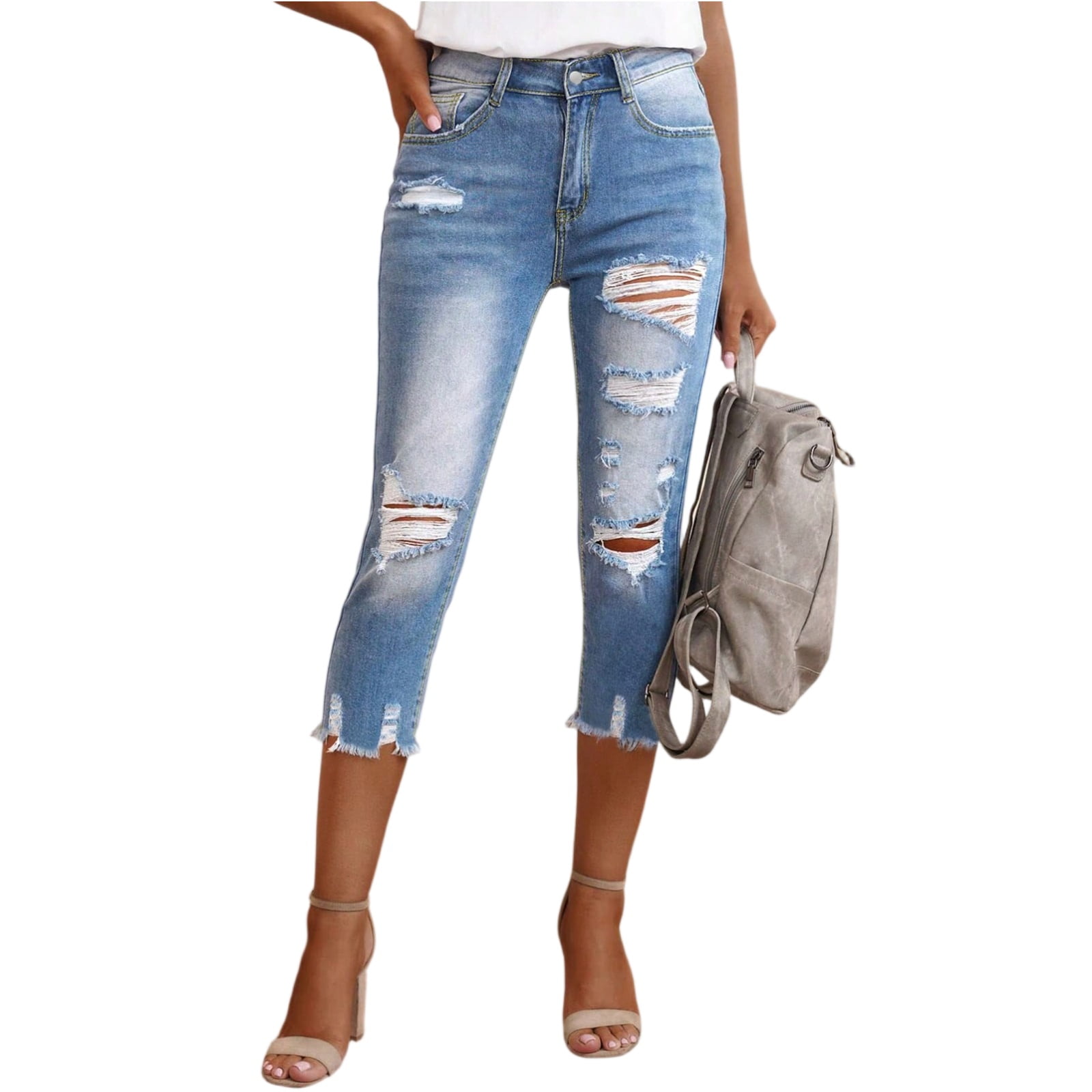 Mlqidk Womens Capri Pants Elastic Button Waist Skinny Capris Knee ...