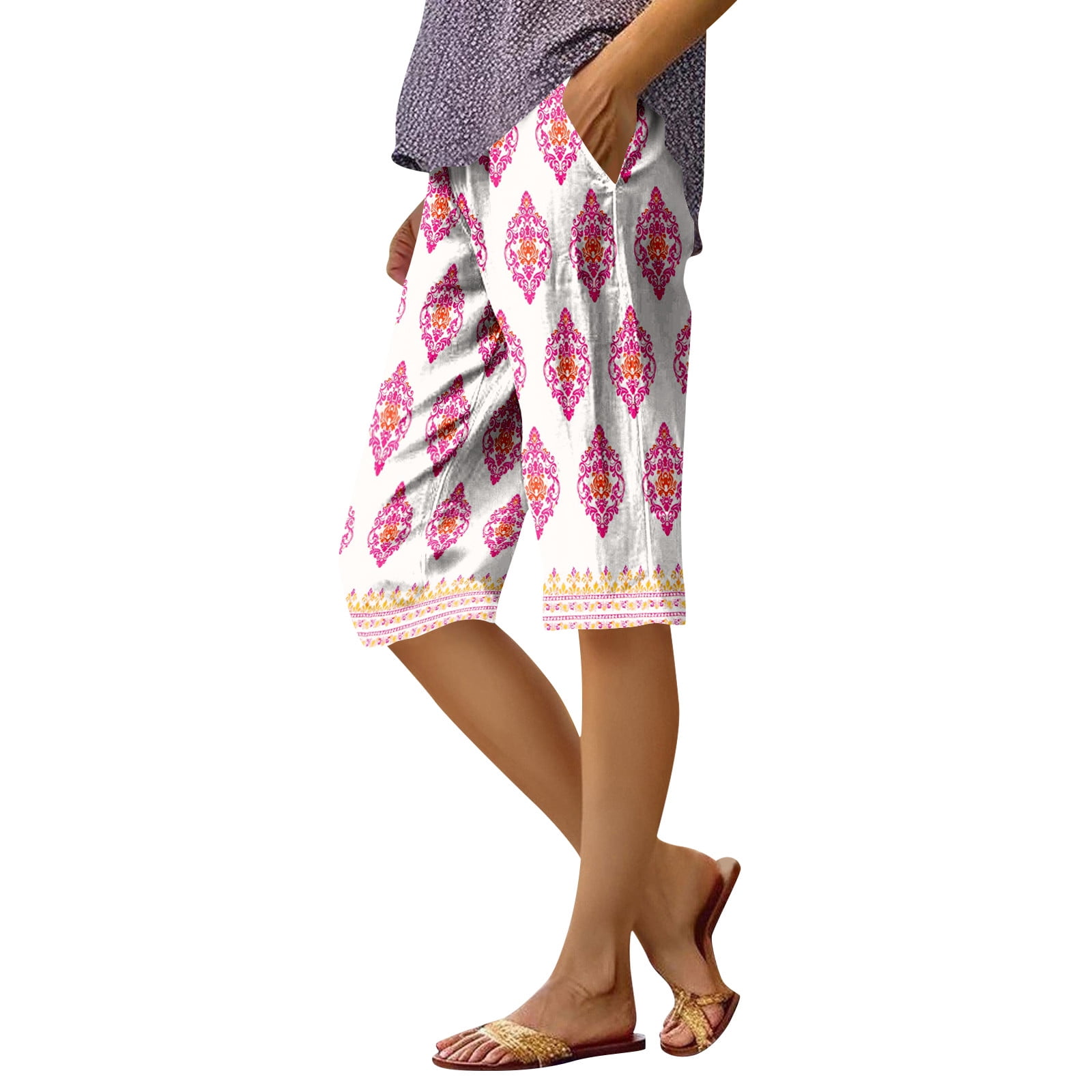 Mlqidk Womens Capris for Summer Clearance Elastic Waist Linen Capri ...