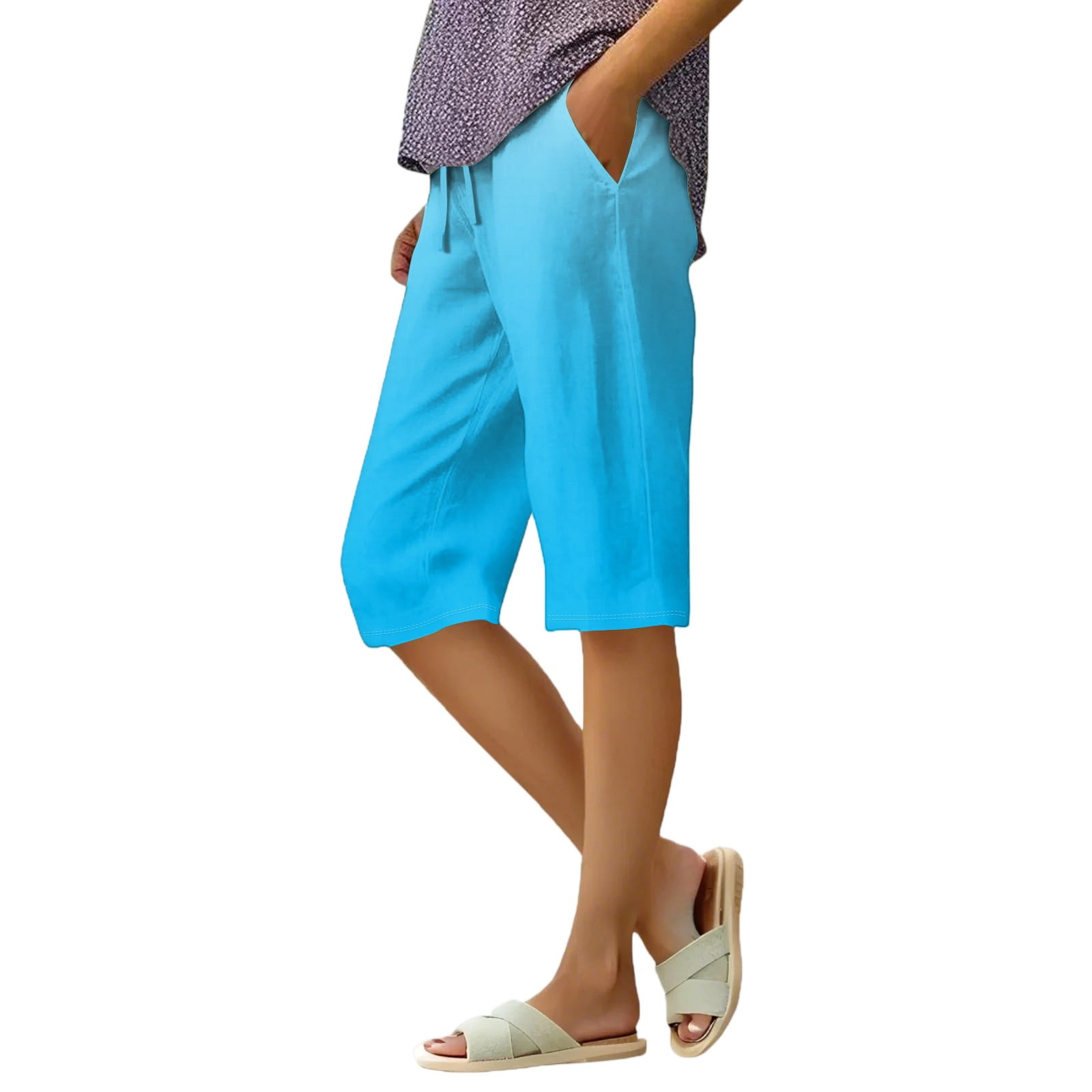 Mlqidk Womens Linen Shorts Casual High Waisted Plus Size Knee Length ...