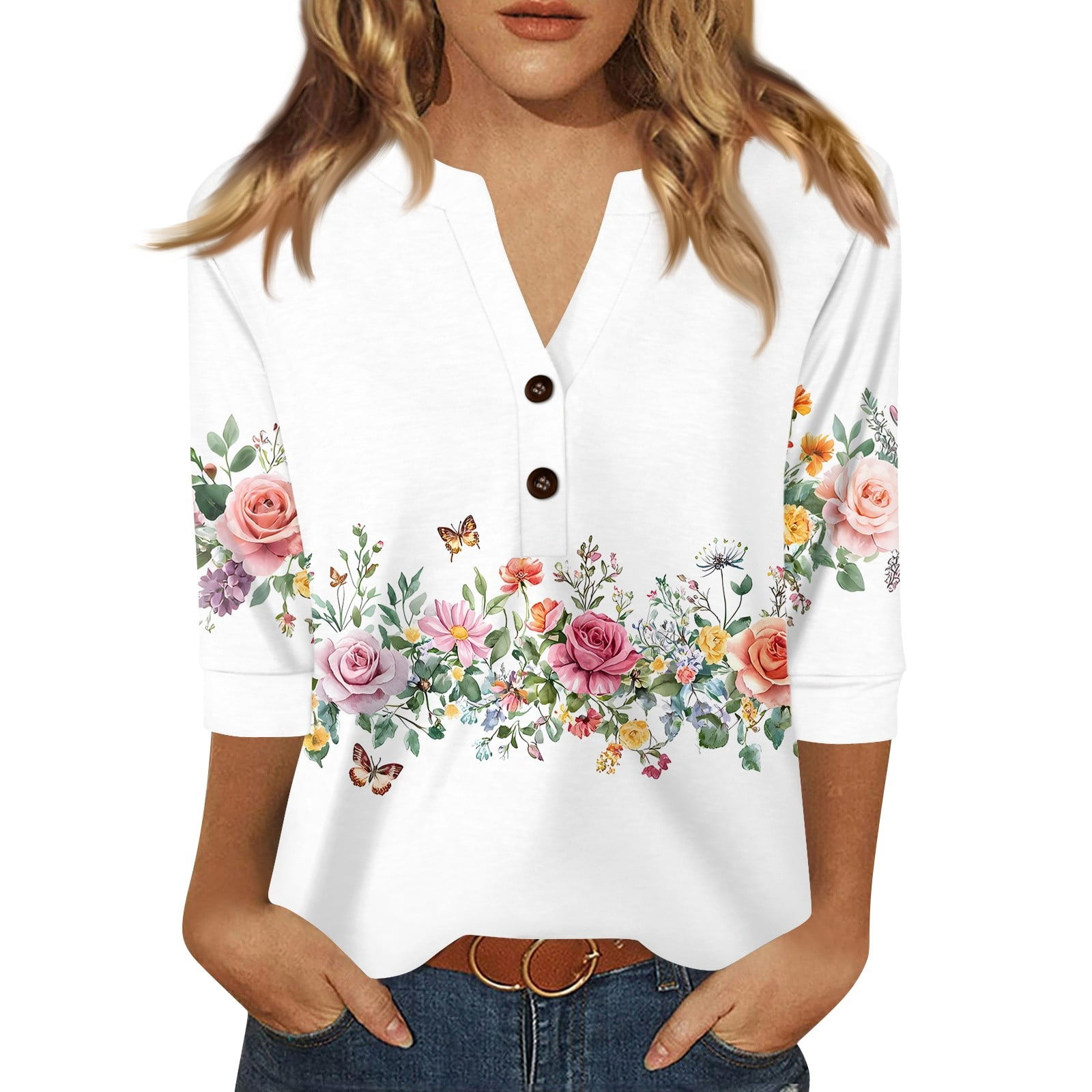 Mlqidk Womens Work Tops Casual Plus Size Button Shirts Trendy Floral ...