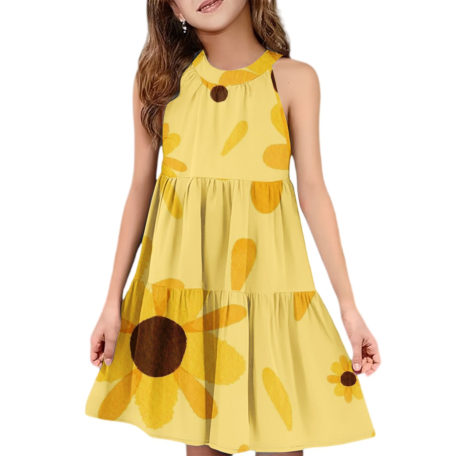 Mlqidk Yellow Dresses for Girls Size 10-12 Crew Neck Sleeveless Ruffle ...