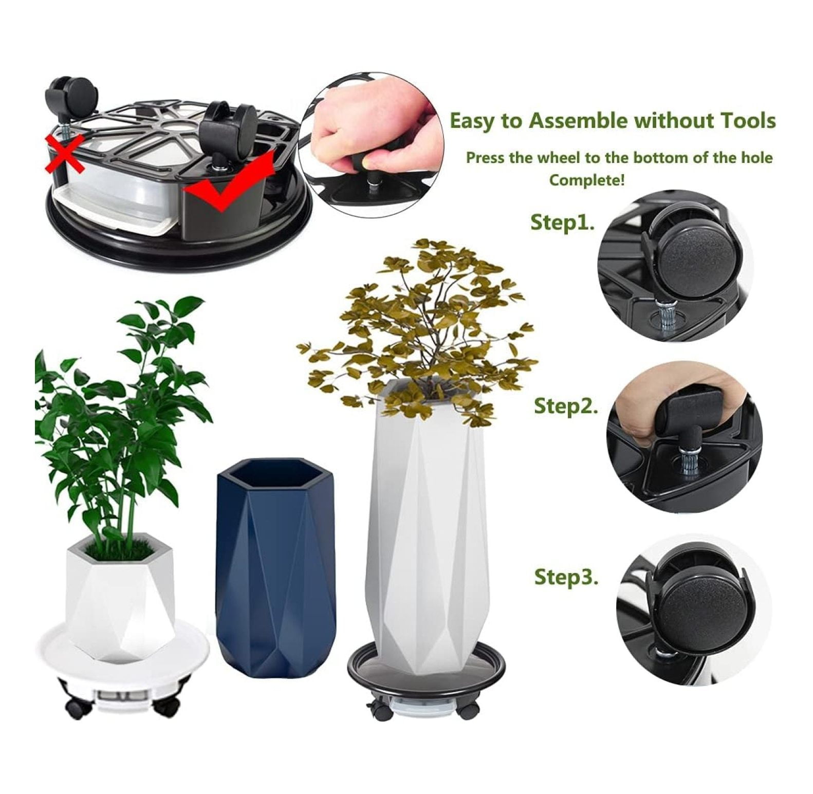 Mlykya 16.3" White Plant Caddies Plant Stand with Wheels Round Flower ...