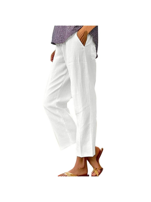 BLVB Womens Linen Pants Summer Beach Pants Elastic Waist Straight Wide ...