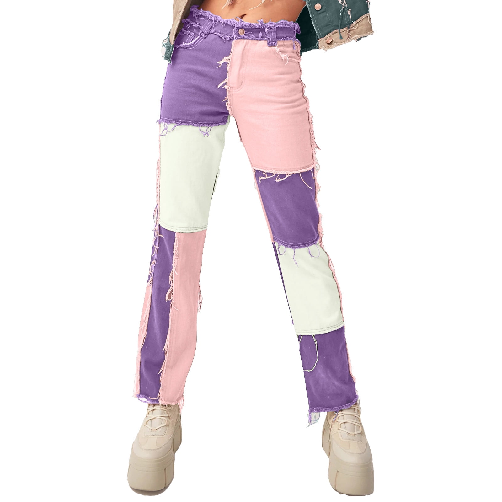 Mlzmgr Jean Pants for Women Ripped Slim Stretch Frayed Patchwork Denim ...
