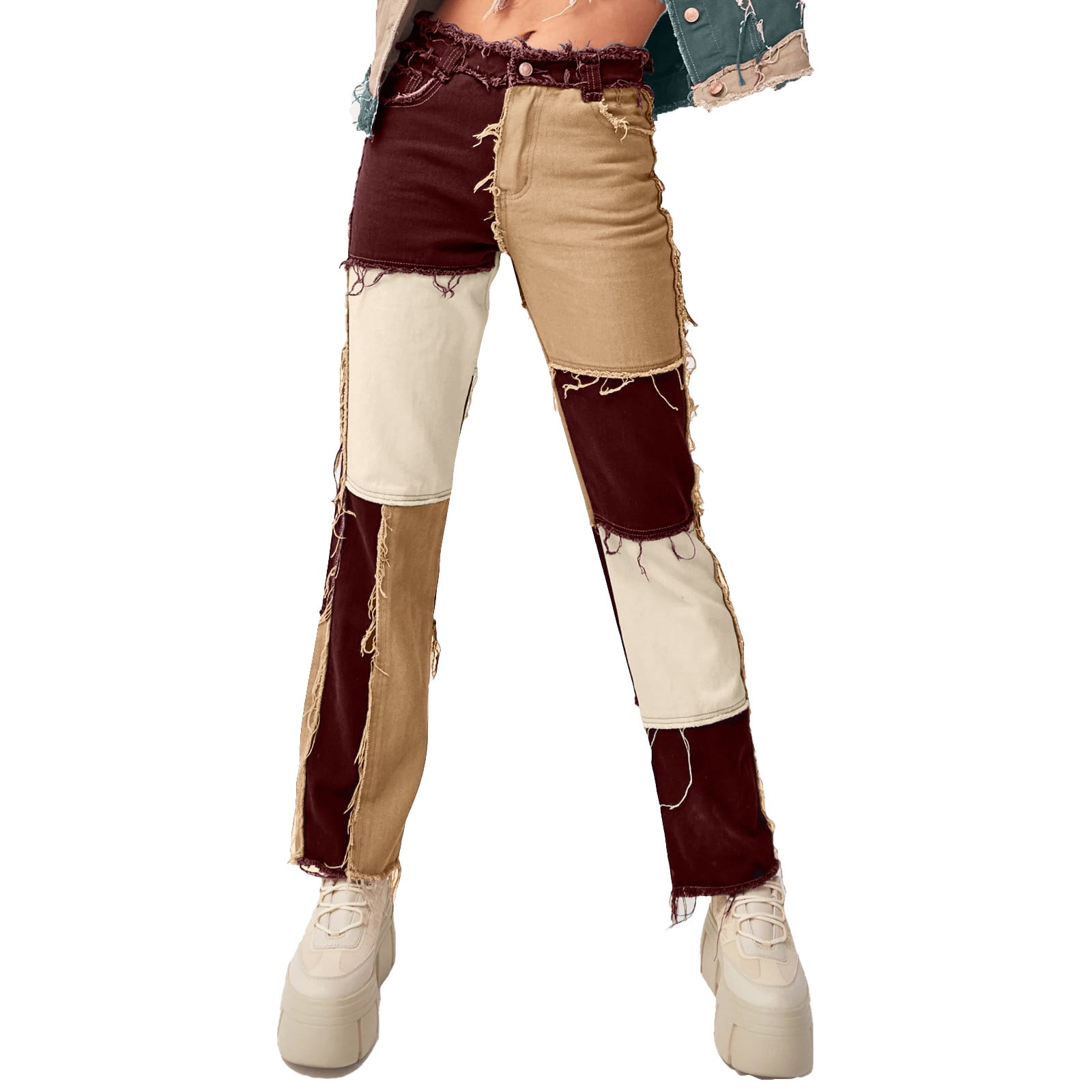 Mlzmgr Jean Pants for Women Ripped Slim Stretch Frayed Patchwork Denim ...