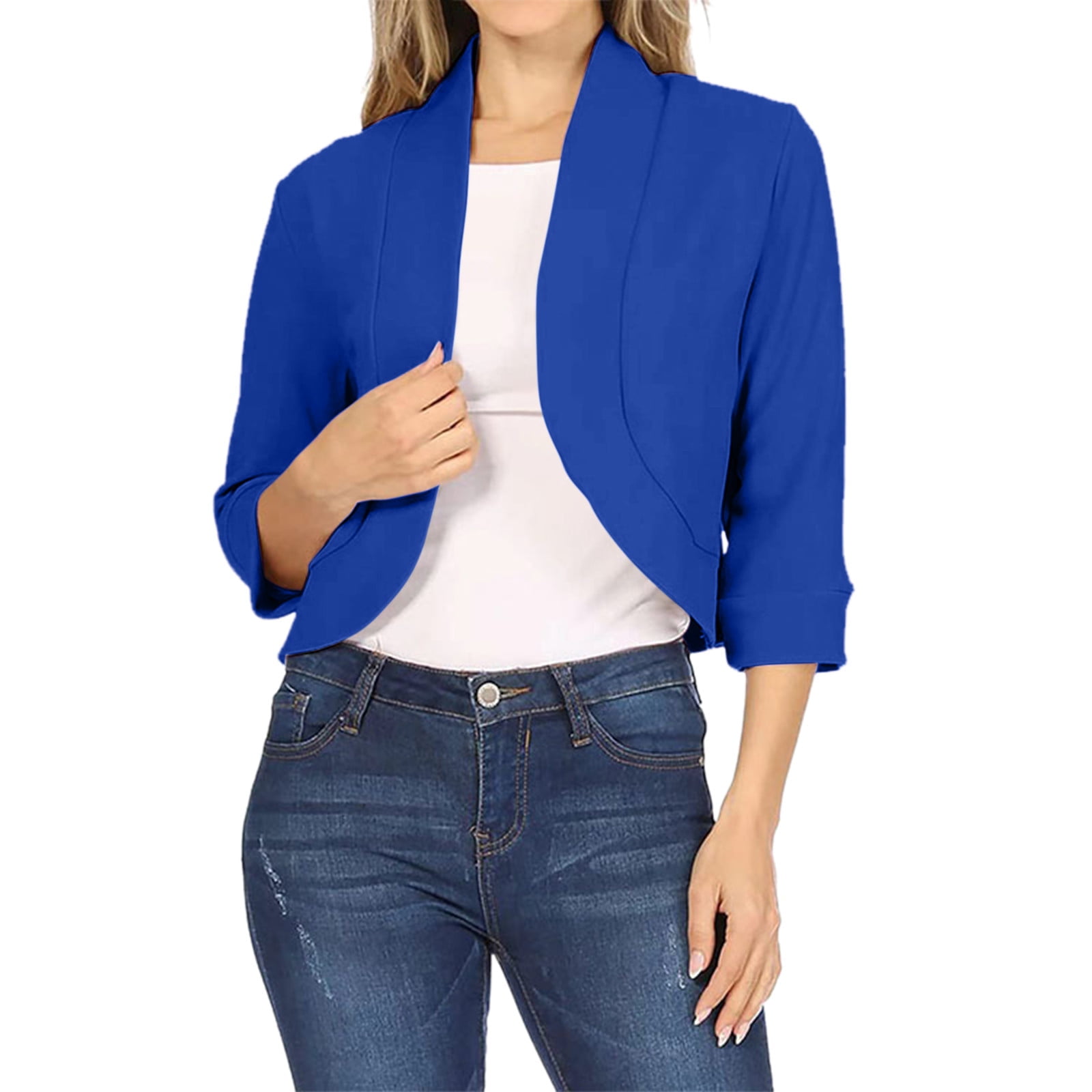 Mnjin Casual Cropped Blazer Jackets for Women Solid Color 3/4 Sleeve ...
