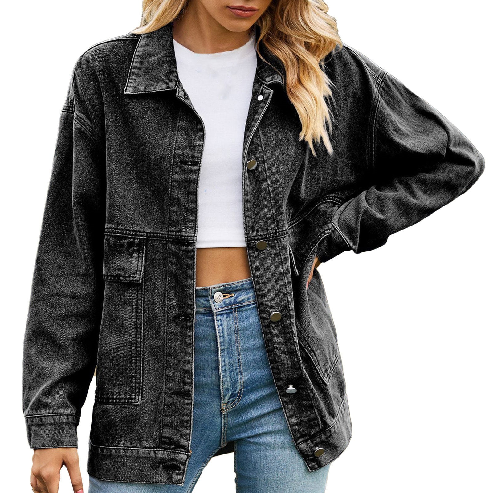 Mnjin Denim Jacket for Women Loose Coat Boyfriend Long Sleeve Button ...