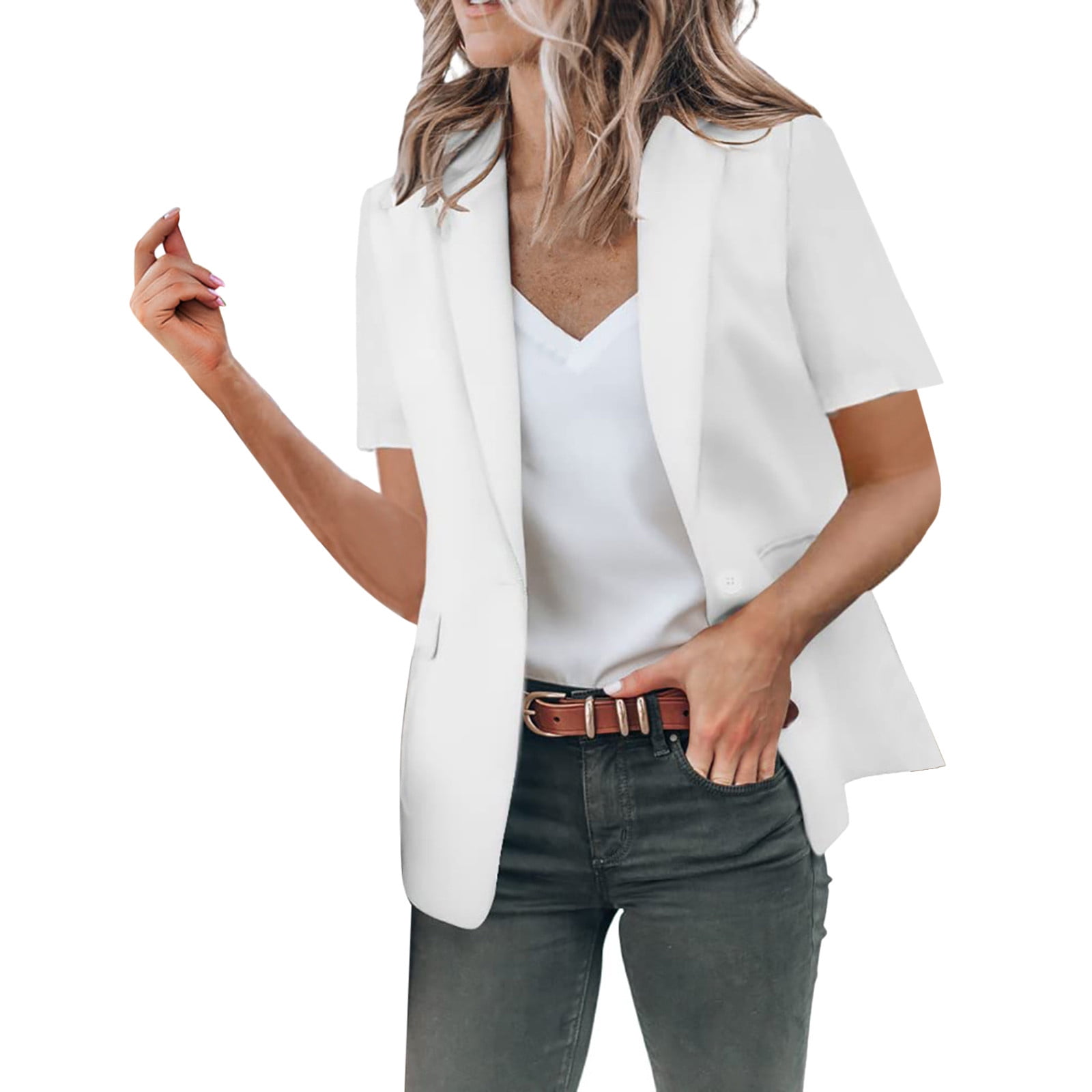 Mnjin Women Solid Color Single-Breasted Notched Lapel Short Sleeve Slim ...