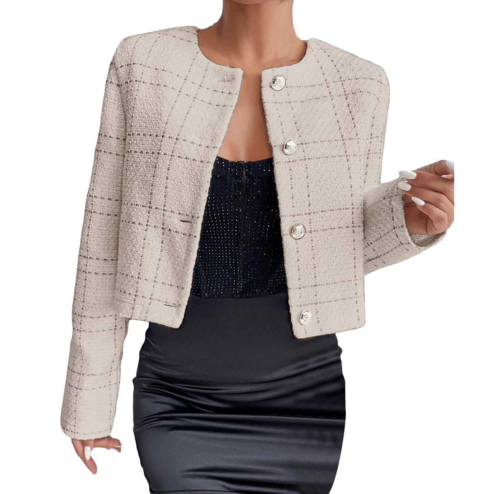 Mnjin Women's Autumn And Winter Plaid Tweed Suit Jacket Coat Round Neck ...