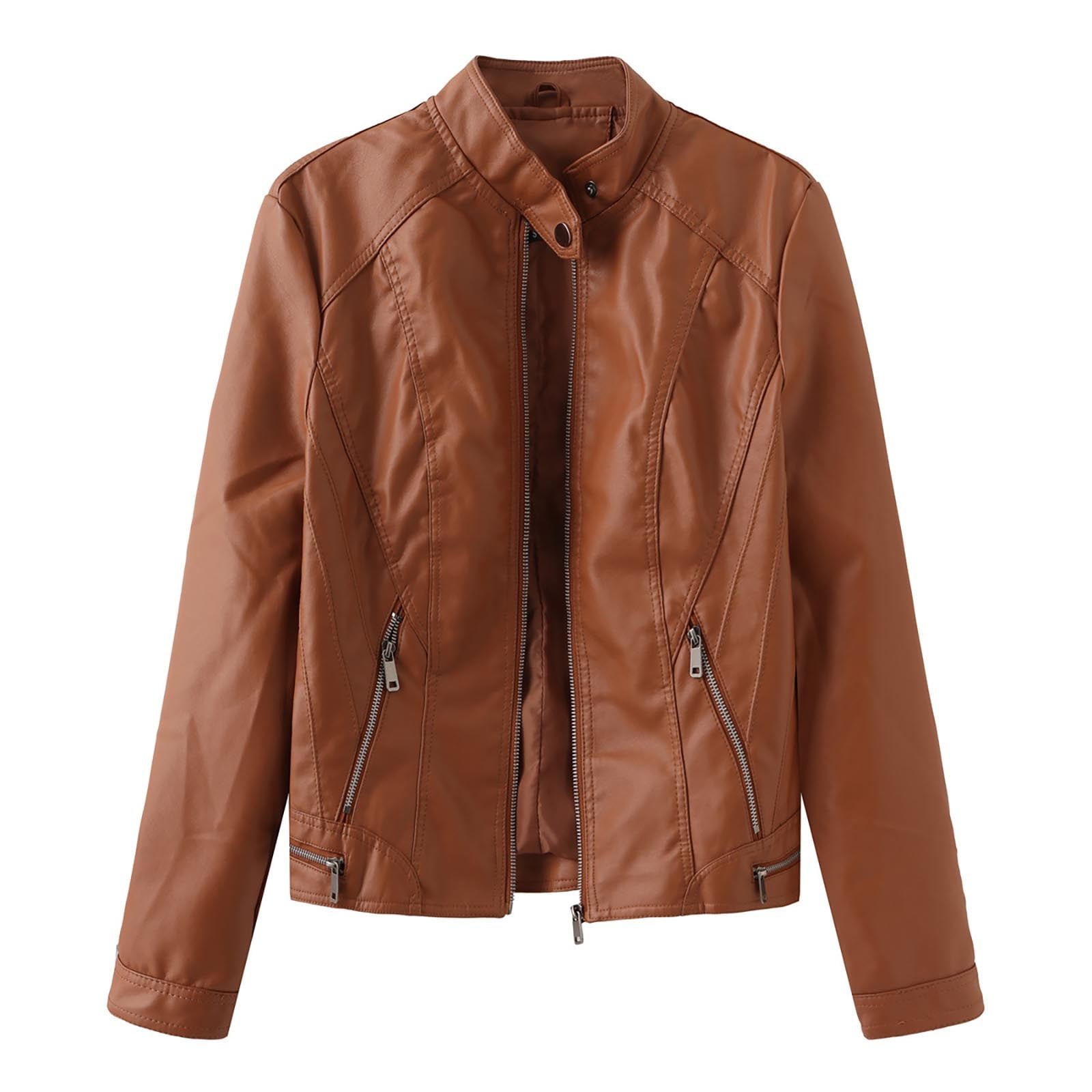 Mnjin Women's Faux Leather Jacket Spring Fall Plus Size Thin Stand ...