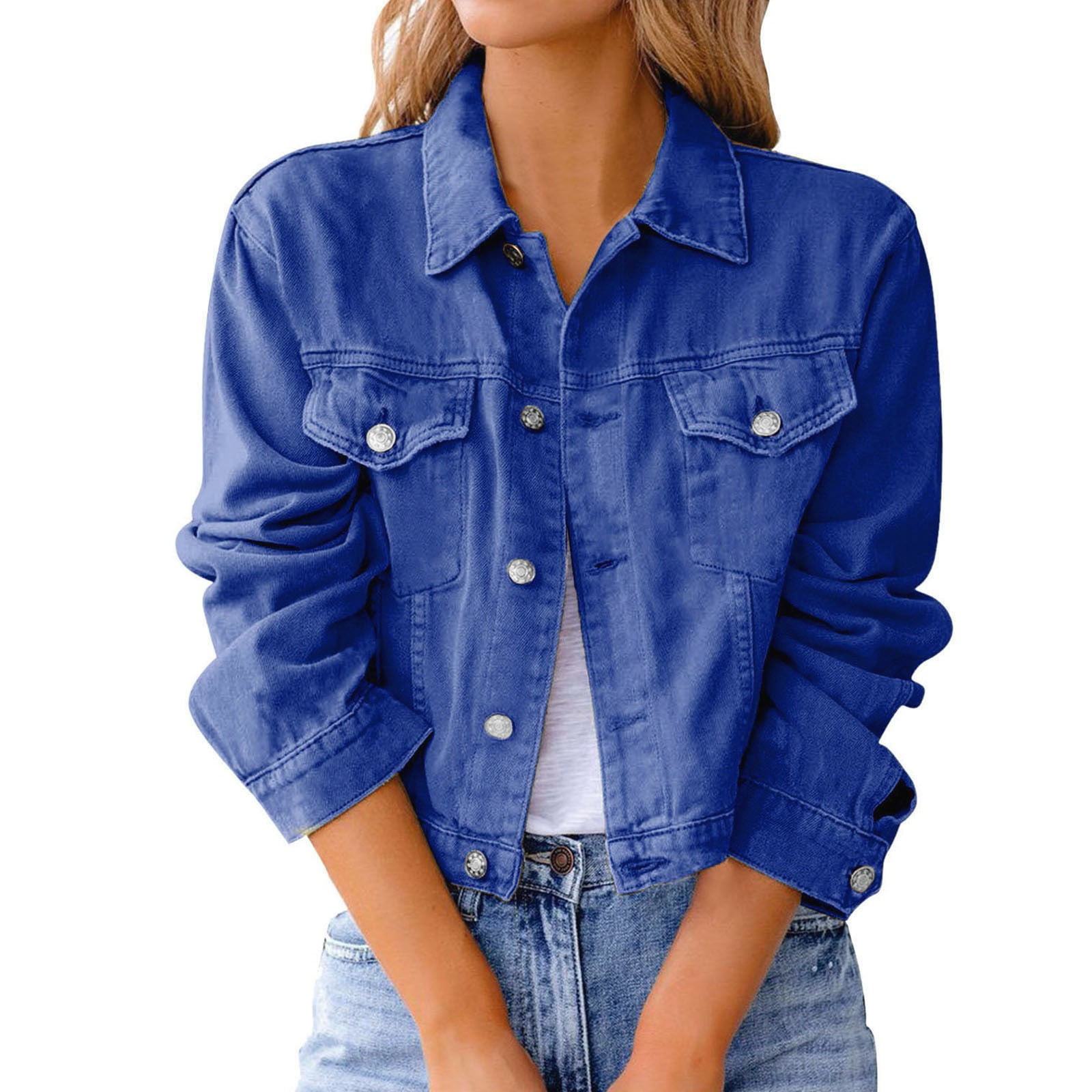 Mnjin Women's Lapel Button Down Cropped Denim Jacket Long Sleeve Jean ...