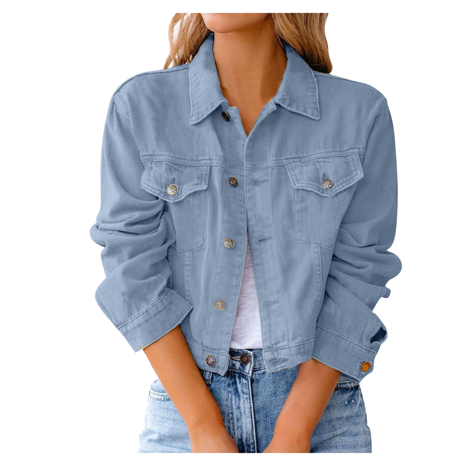 Mnjin Women's Lapel Button Down Cropped Denim Jacket Long Sleeve Jean ...