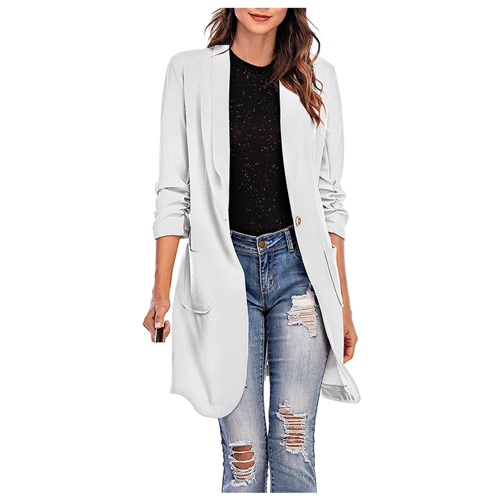 Mnjin Womens Business Casual Blazer Work Office Coats Shawl Collar 3/4 ...