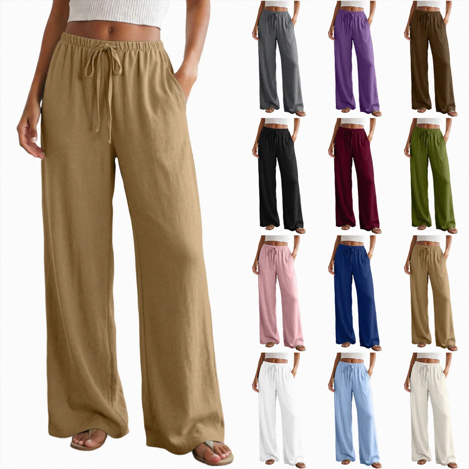 Mnuaqn Women's Linen Pants Beach Cover Up Wide Leg Loose Palazzo Flowy ...