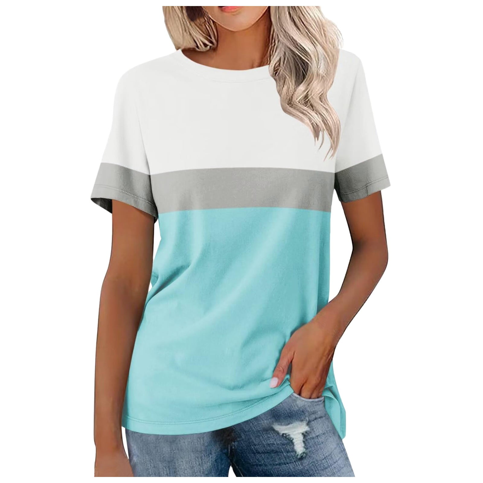 Mnyotv Cute Summer Tops for Women Women’s T Shirts Color Block Short ...