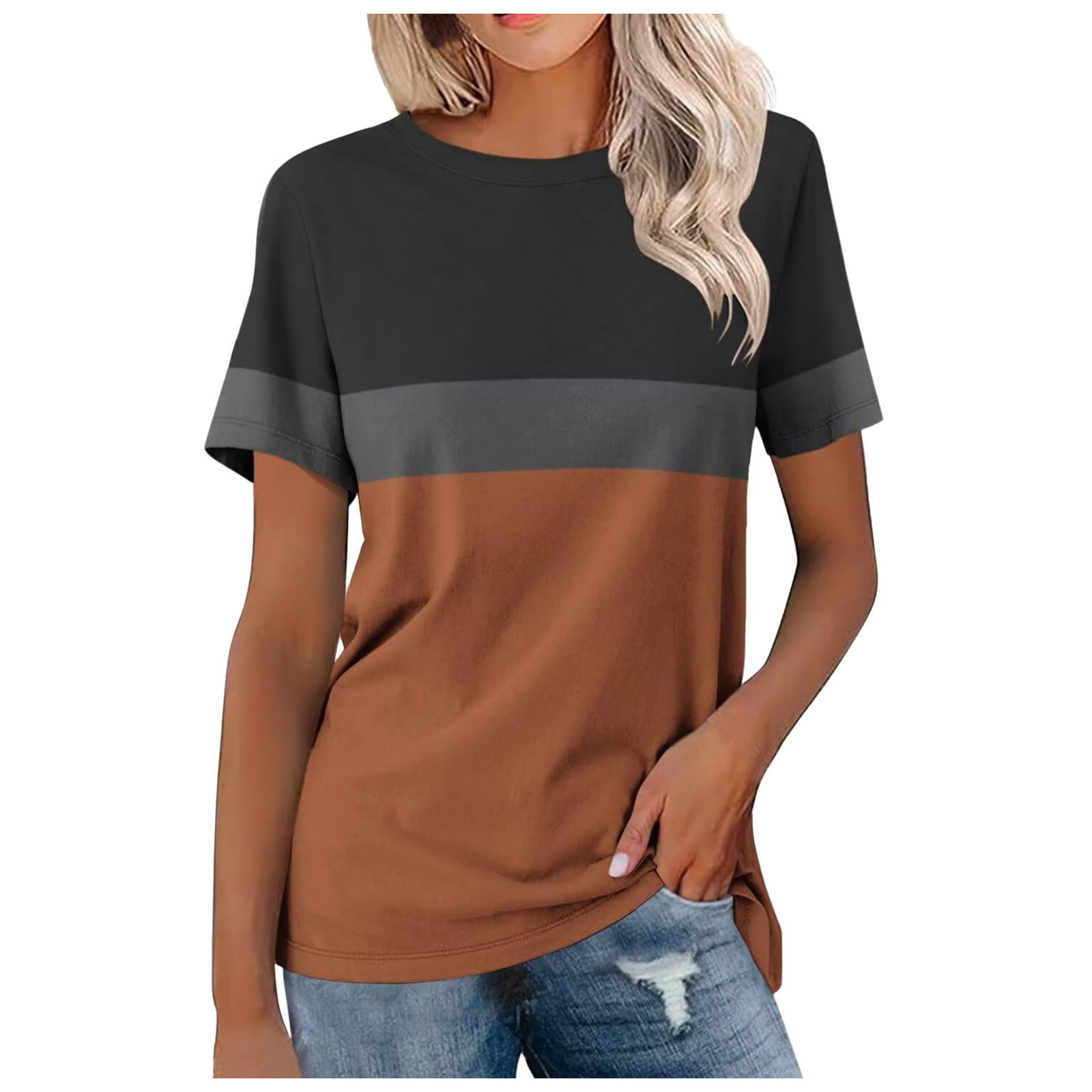 Mnyotv Ladies T Shirt Women’s T Shirts Color Block Short Sleeve Tops ...