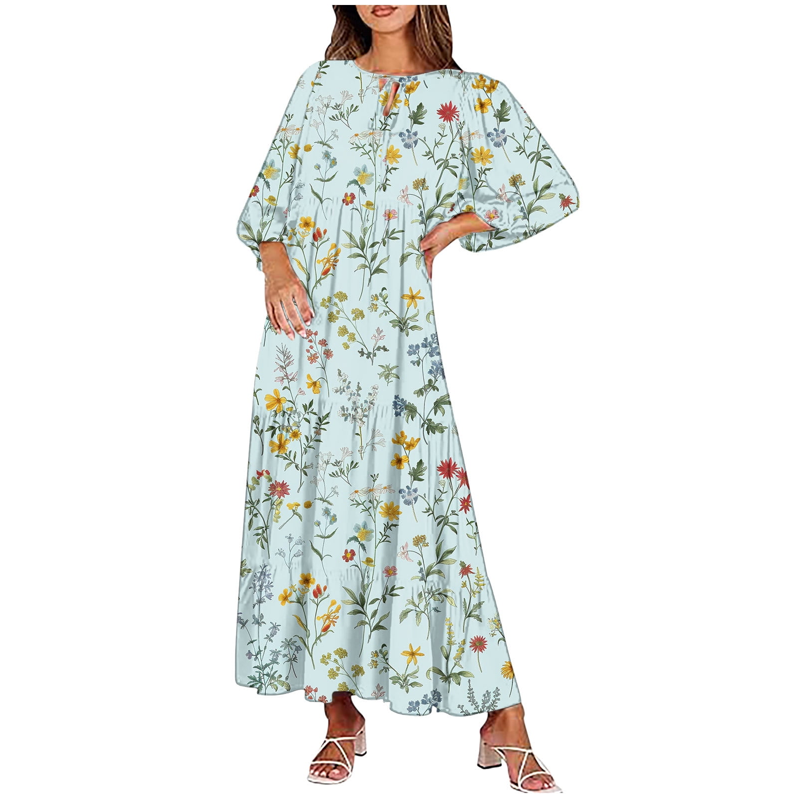Mnyycxen Women Boho Floral Printed Maxi Dresses V Neck Long Sleeve Tie ...
