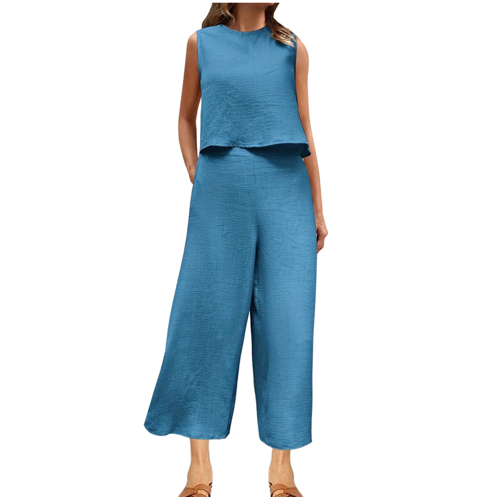 Mnyycxen Women's 2 Piece Outfits Sleeveless Crop Top Capri Wide Leg ...