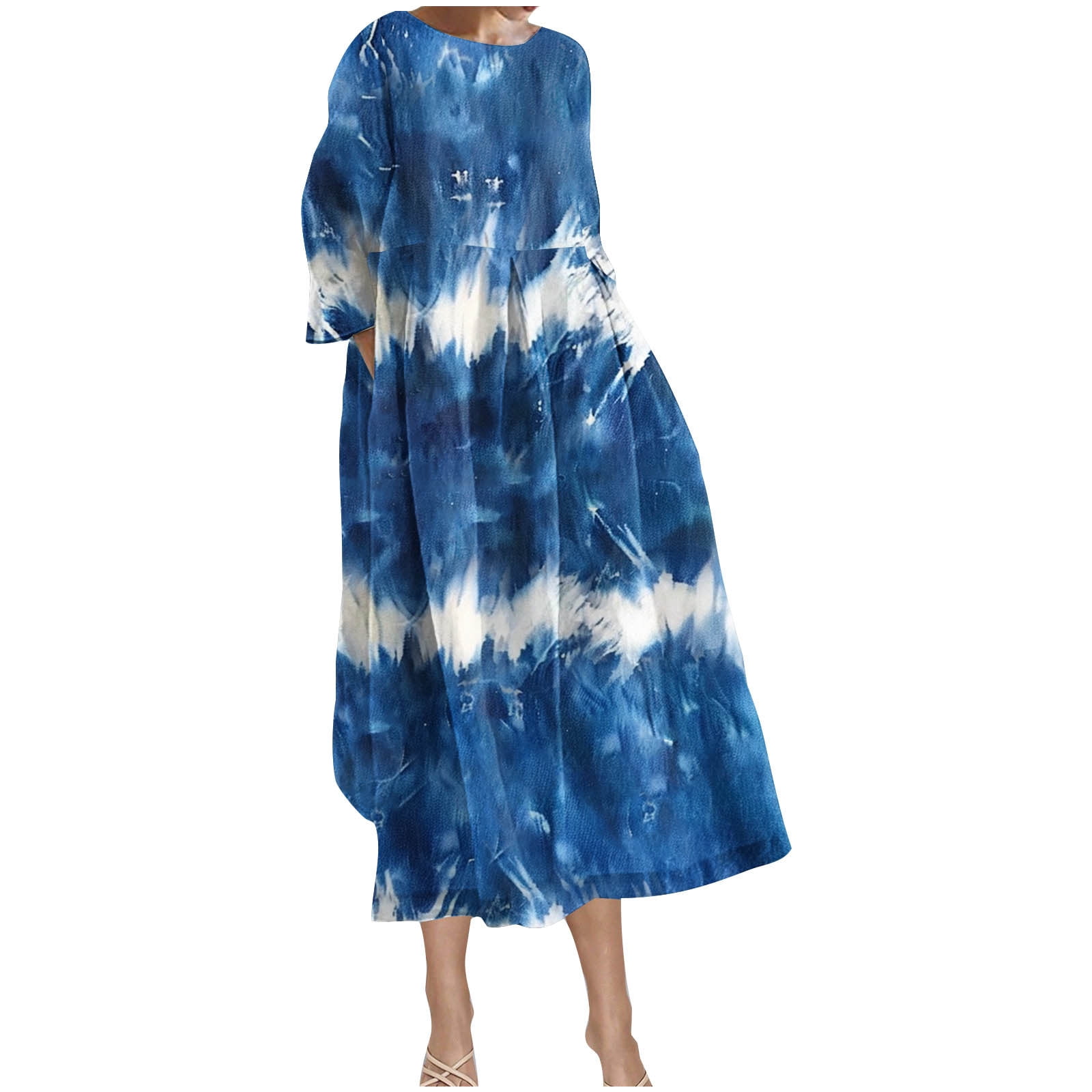 Mnyycxen Women's Boho Floral Printed Midi Dresses Long Sleeve Crew Neck ...