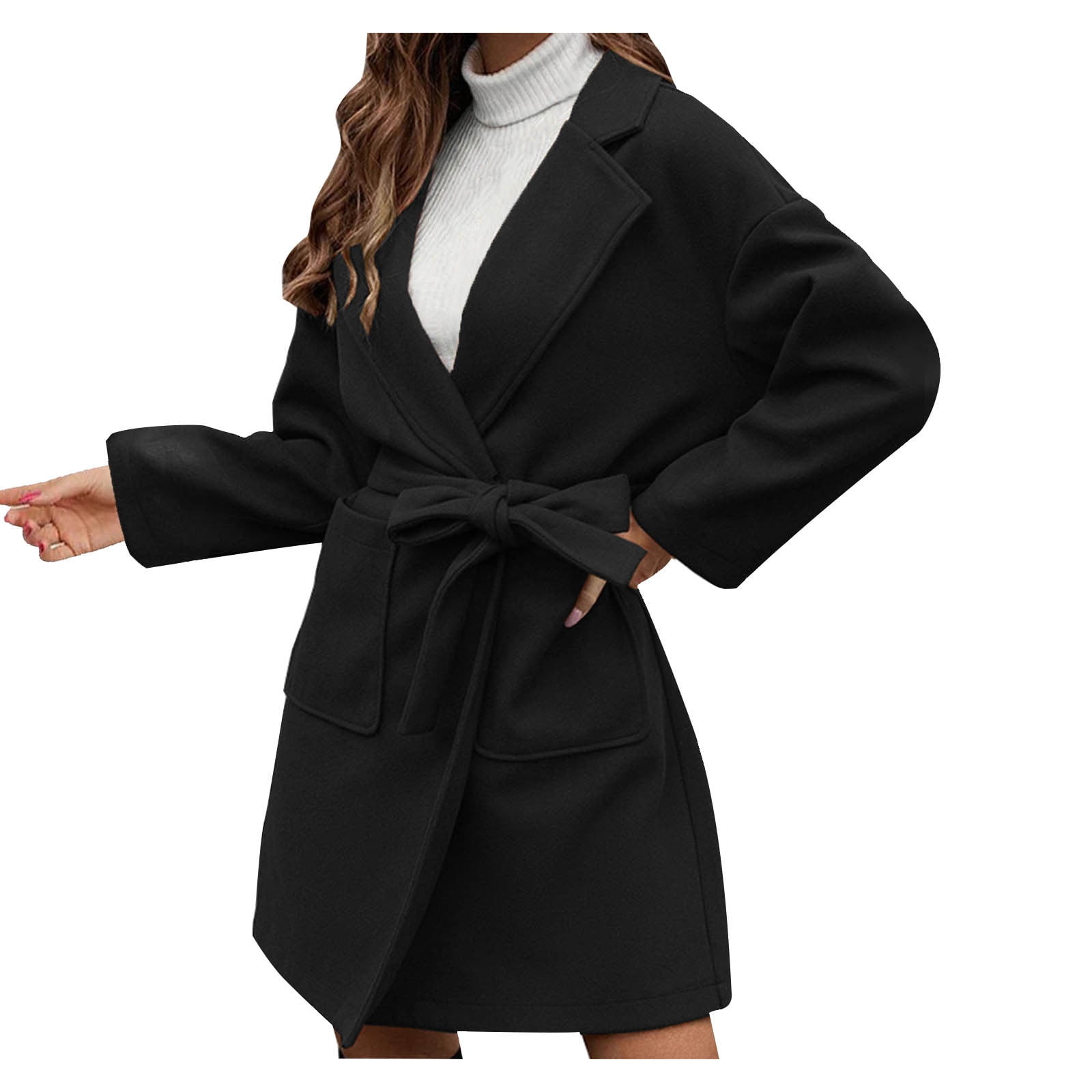 Mnyycxen Women's Double Face Wool Wrap Trench Coat Open Front Knit ...