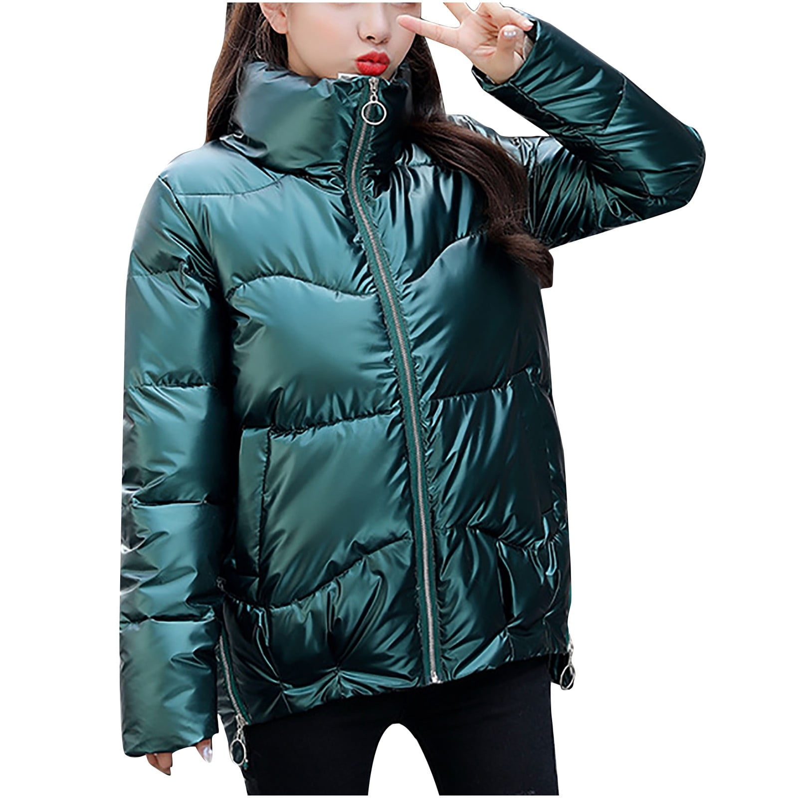 Mnyycxen Women's Quilted Metallic Shiny Puffer Jacket Long Sleeve Full ...