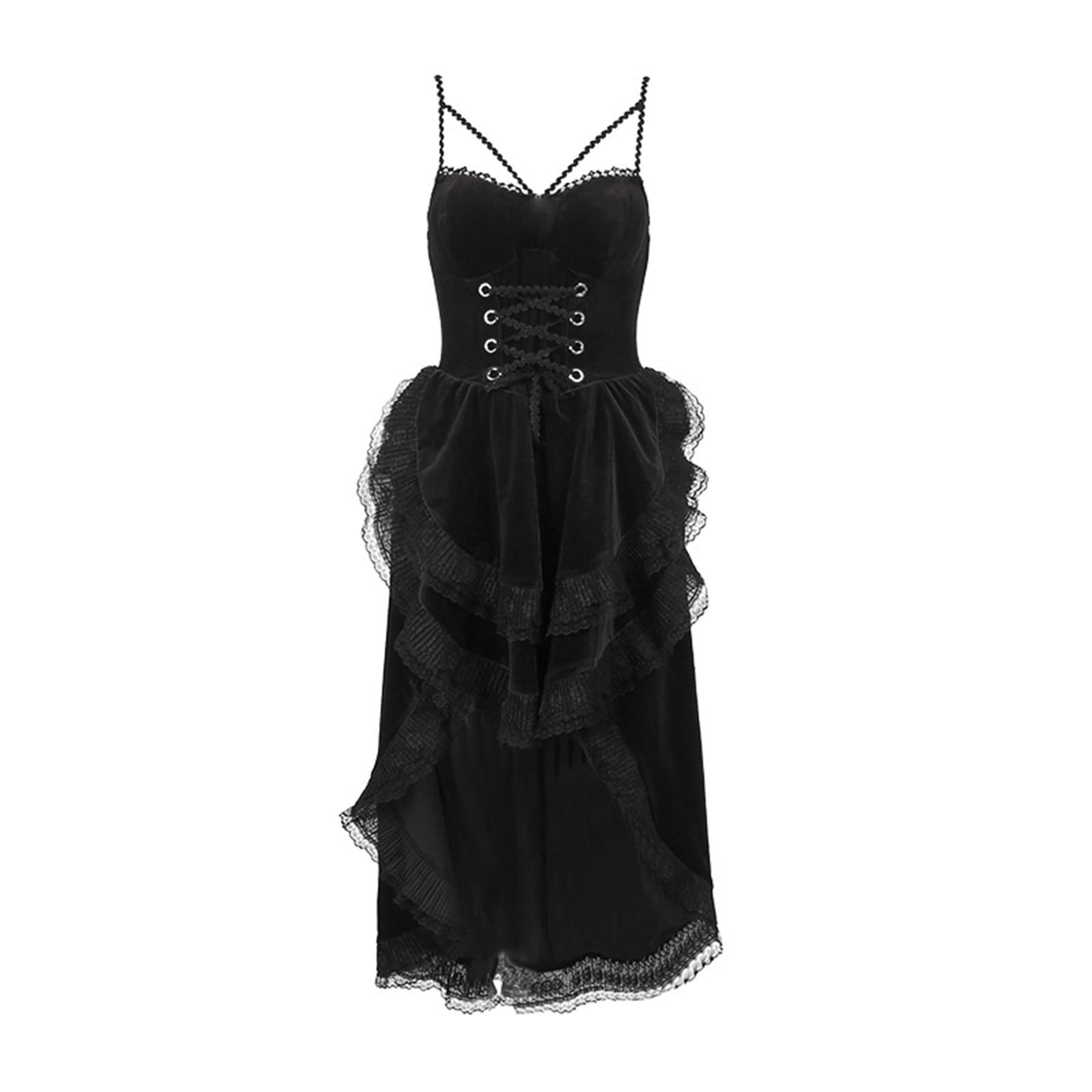 Mnyycxen Womens Gothic Corset Dress Vintage Velvet Fairy Lolita Dresses ...