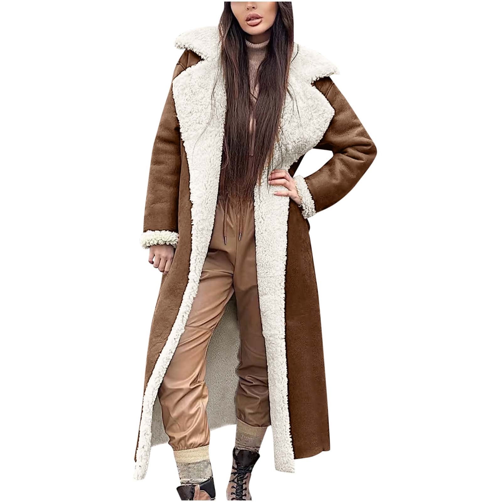 Mnyycxen Womens Sherpa Lined Suede Overcoats Notched Lapel Long Fleece ...