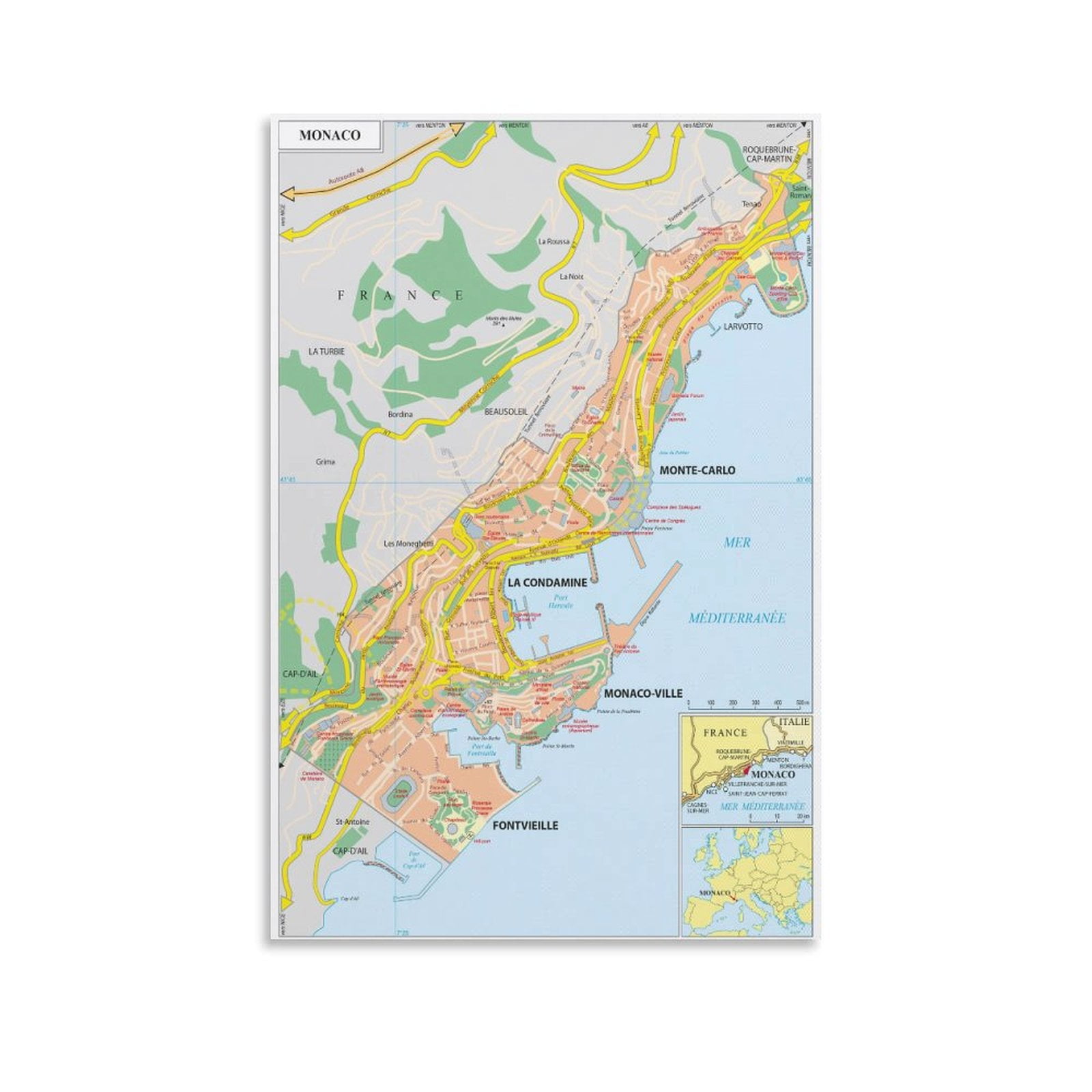 Mo-naco Map Posters Print Photo Art Painting Canvas Poster Home ...